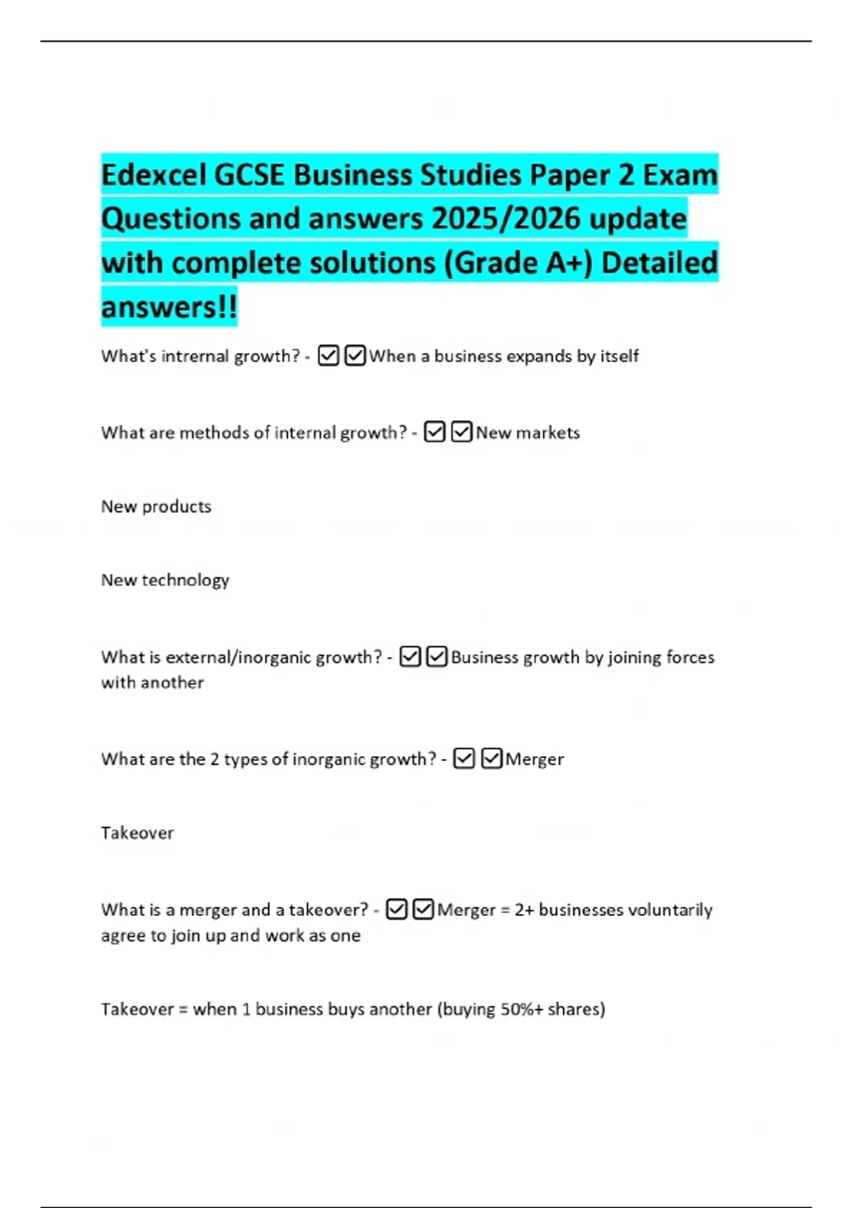 Edexcel GCSE Business Studies Paper 2 Exam Questions and answers 2025/ ...