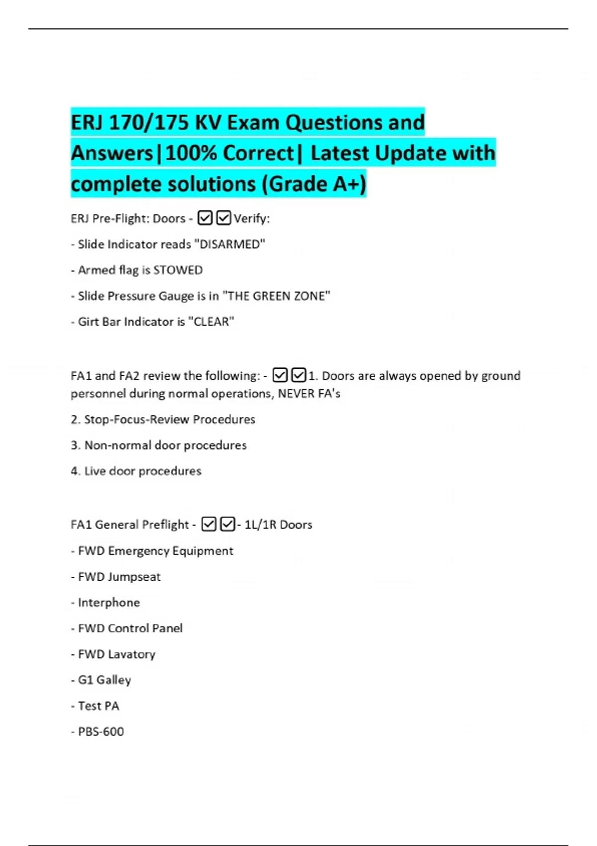 ERJ 170/175 KV Exam Questions and Answers|100% Correct| Latest Update ...