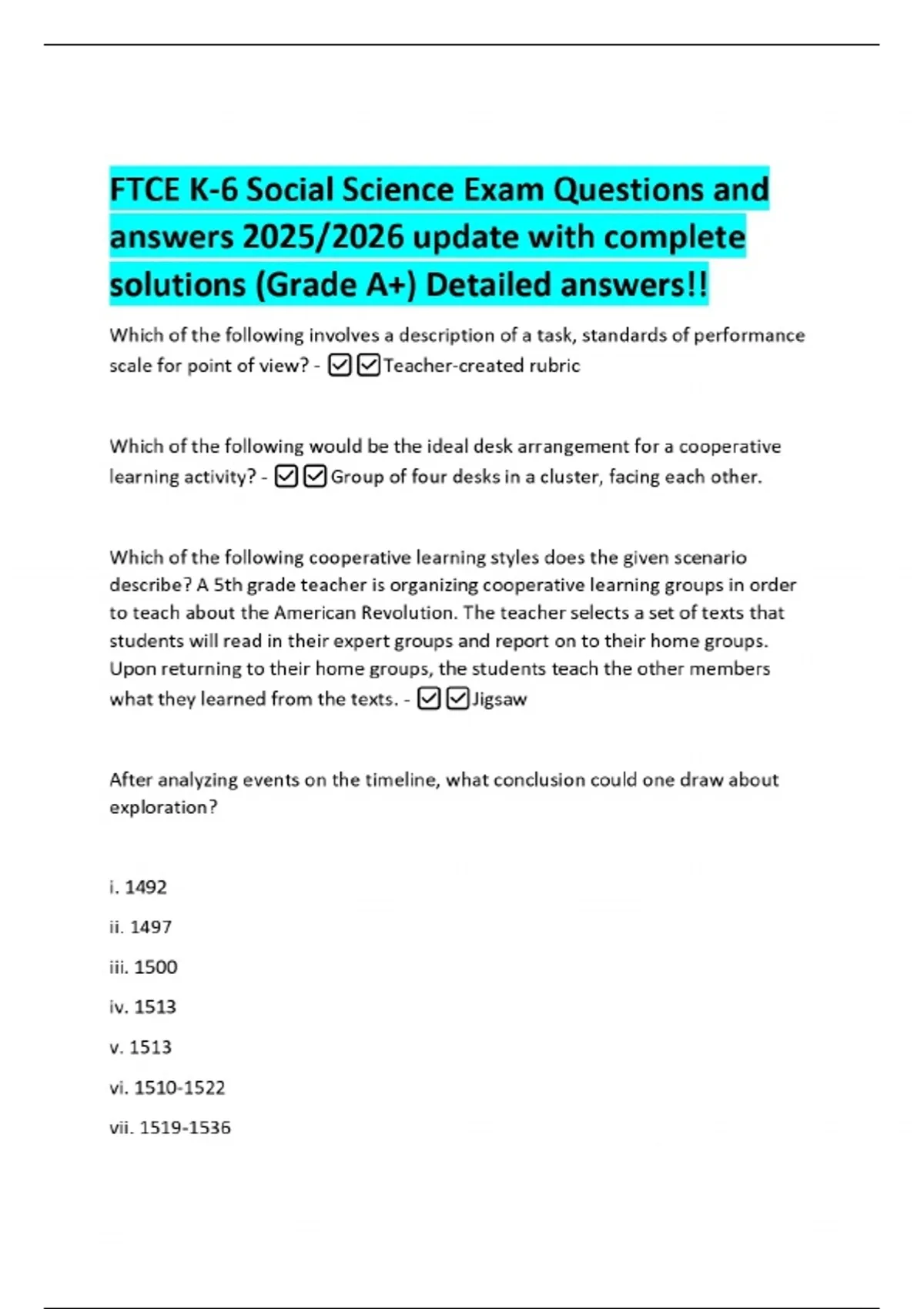 FTCE K-6 Social Science Exam Questions and answers 2025/2026 update ...