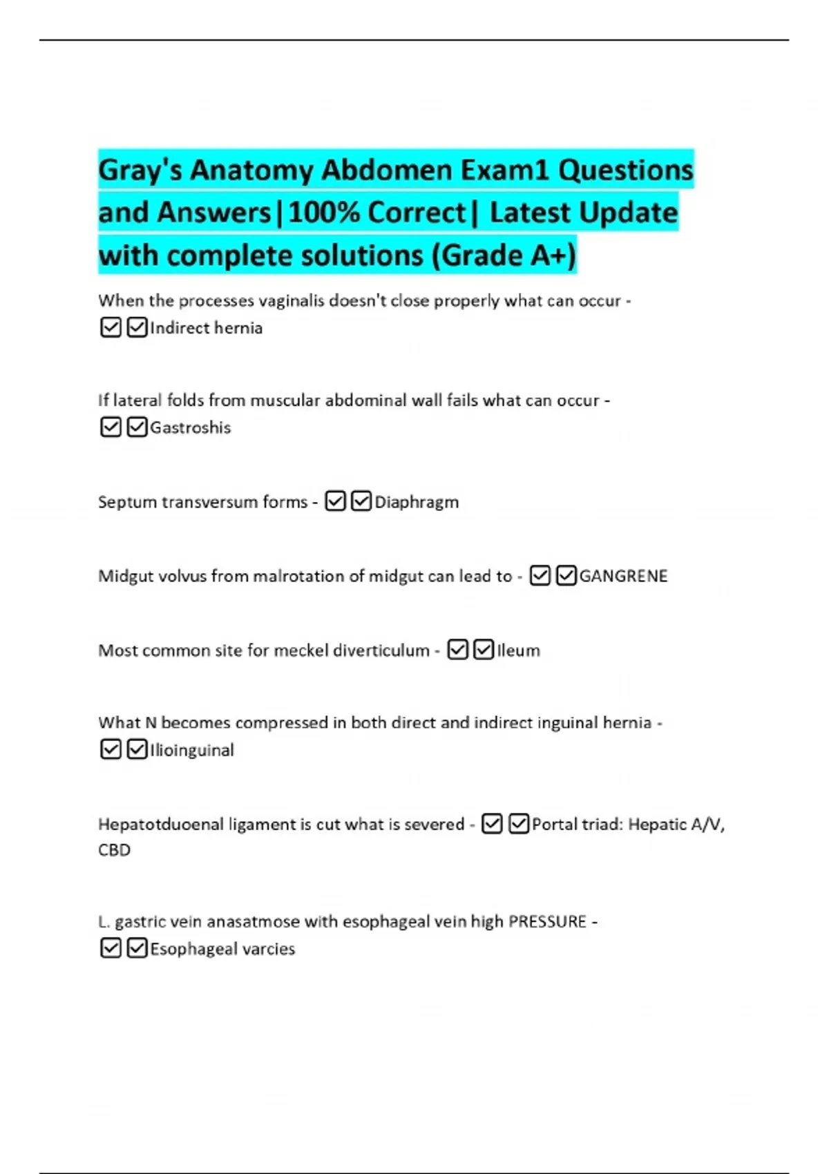 Gray's Anatomy Abdomen Exam1 Questions and Answers|100% Correct| Latest ...