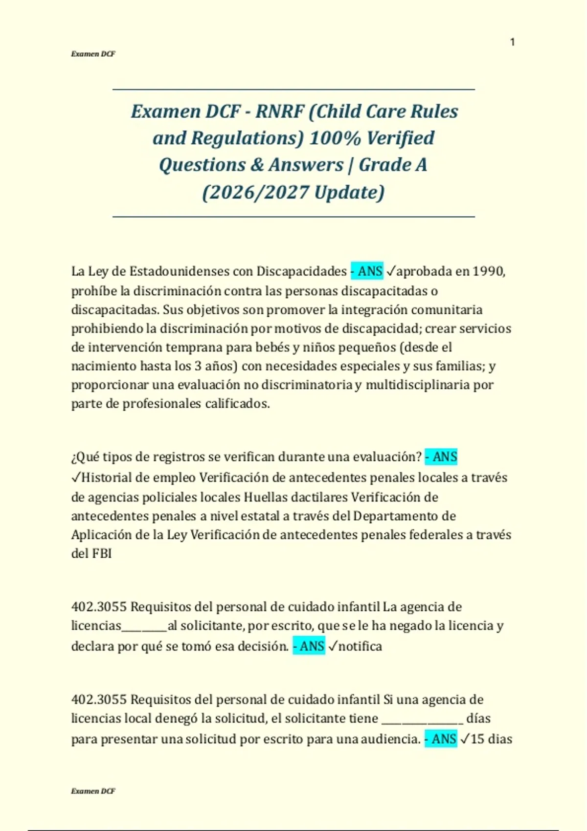 STUDY PACK!! RNRF DCF Exams 100% Verified Questions & Answers - Stuvia US