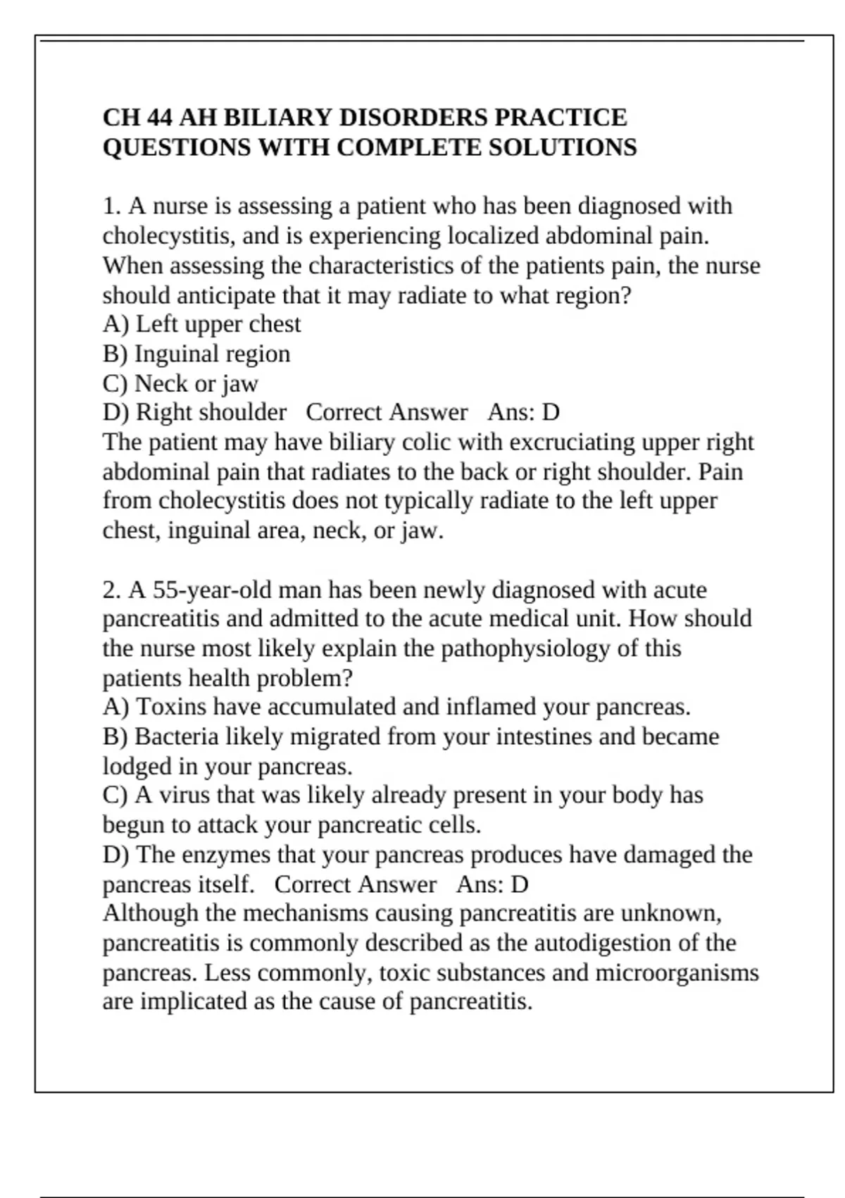CH 44 AH BILIARY DISORDERS PRACTICE QUESTIONS WITH COMPLETE SOLUTIONS ...