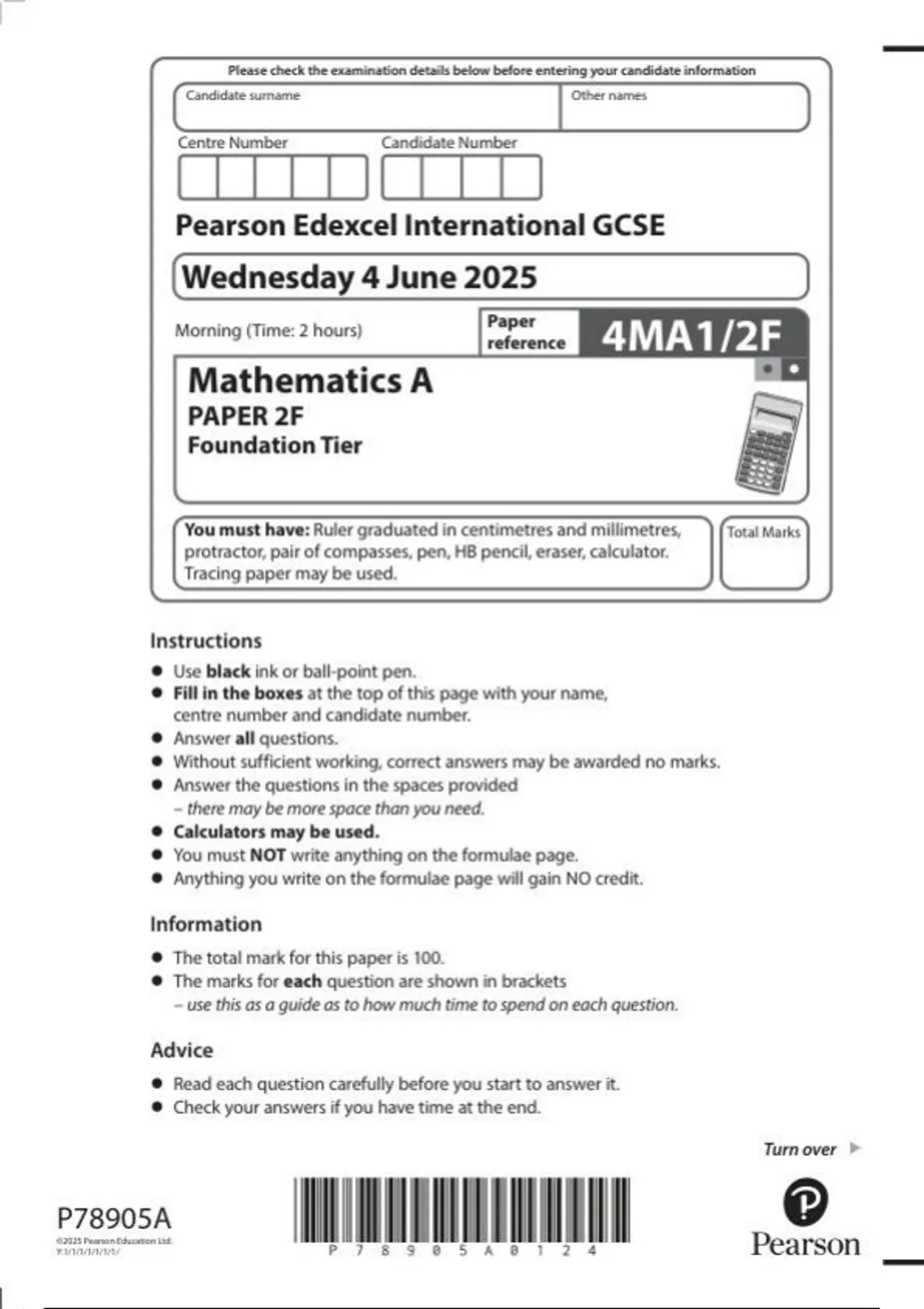 Pearson Edexcel Igcse Mathematics A paper 2F (4MA1) Actual QUESTION ...