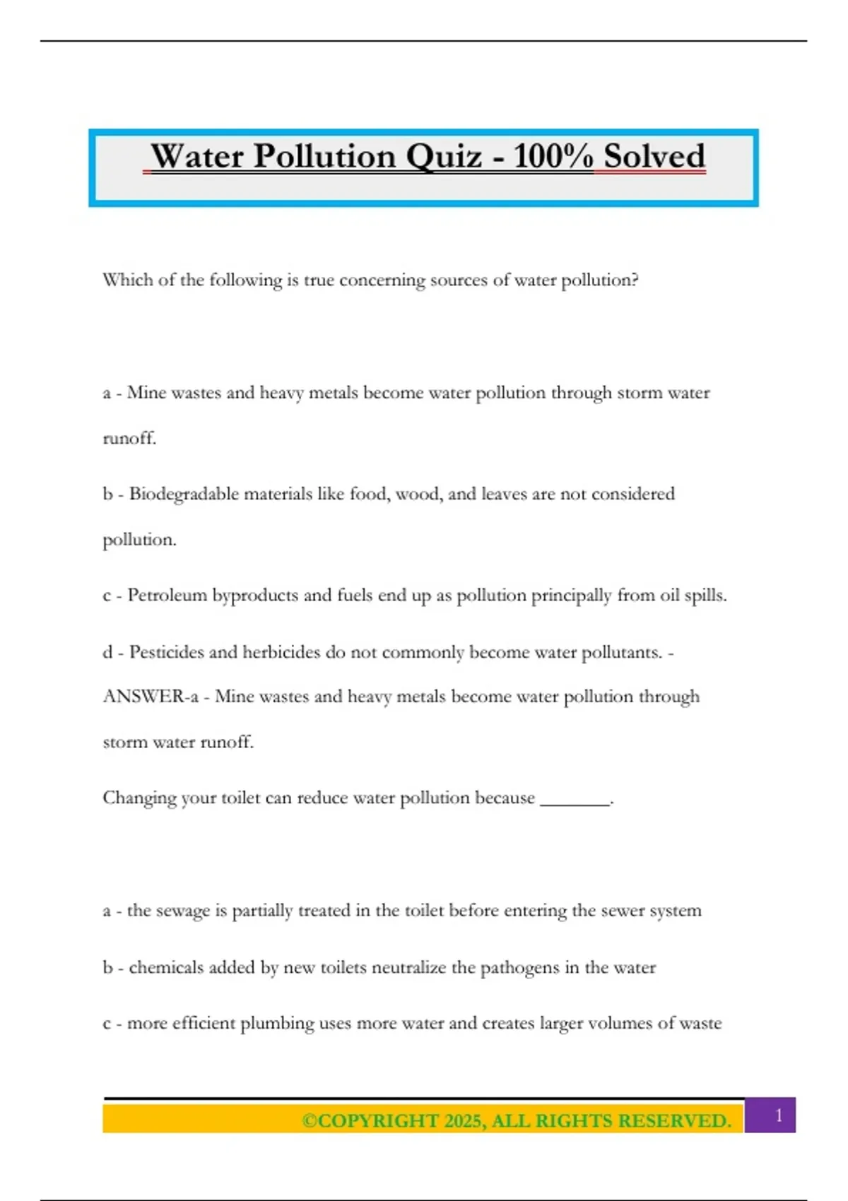 Water Pollution Quiz - 100% Solved - Wastewater - Stuvia US