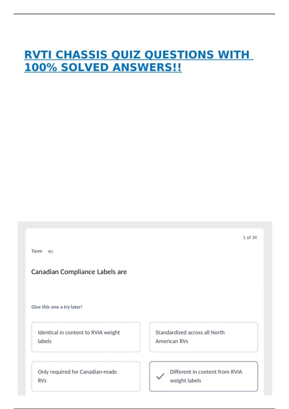 RVTI CHASSIS QUIZ QUESTIONS WITH 100% SOLVED ANSWERS!! - RVTI - Stuvia US