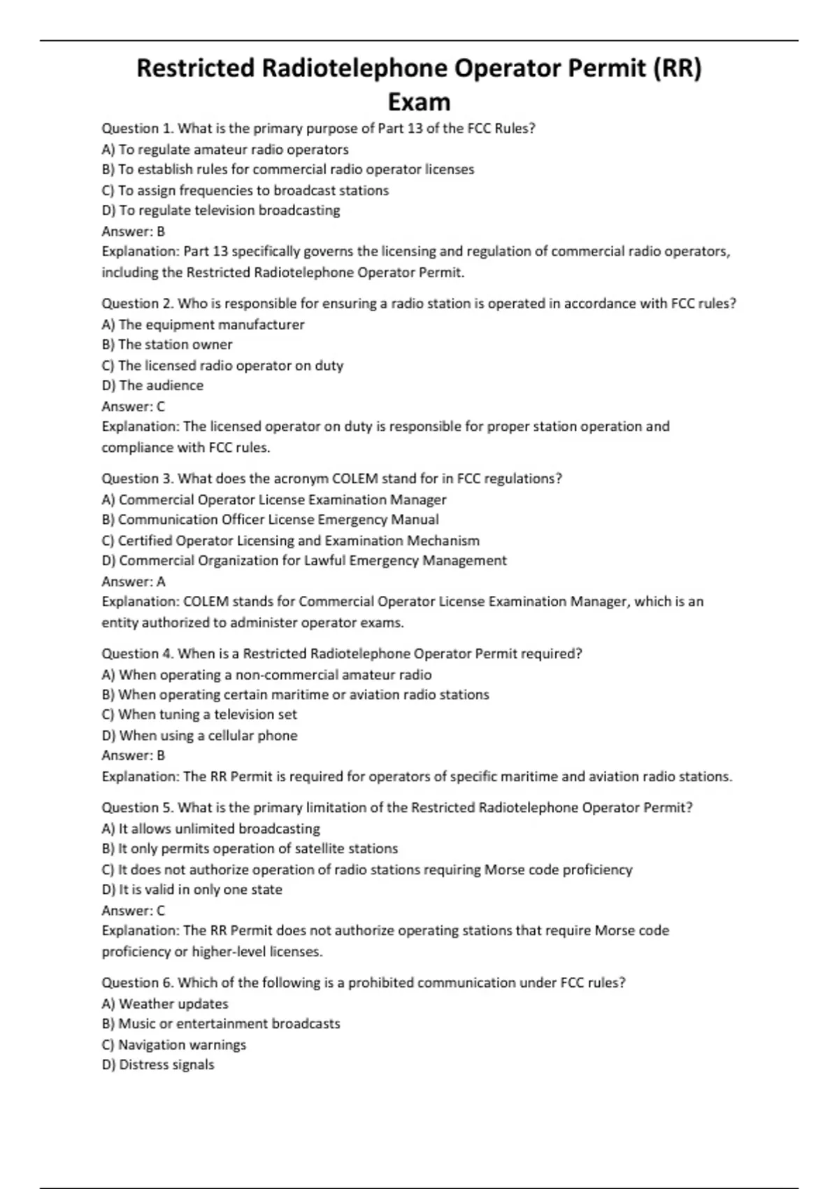 Restricted Radiotelephone Operator Permit (RR) Exam - Computer - Stuvia US