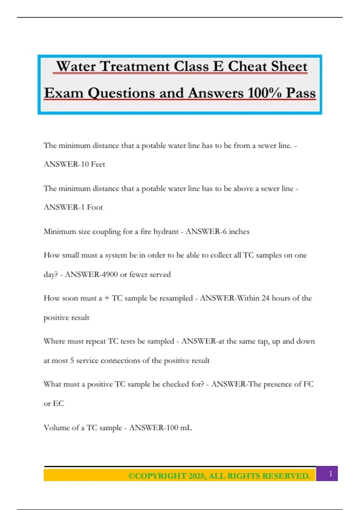 Water Treatment Class E Cheat Sheet Exam Questions and Answers 100% ...