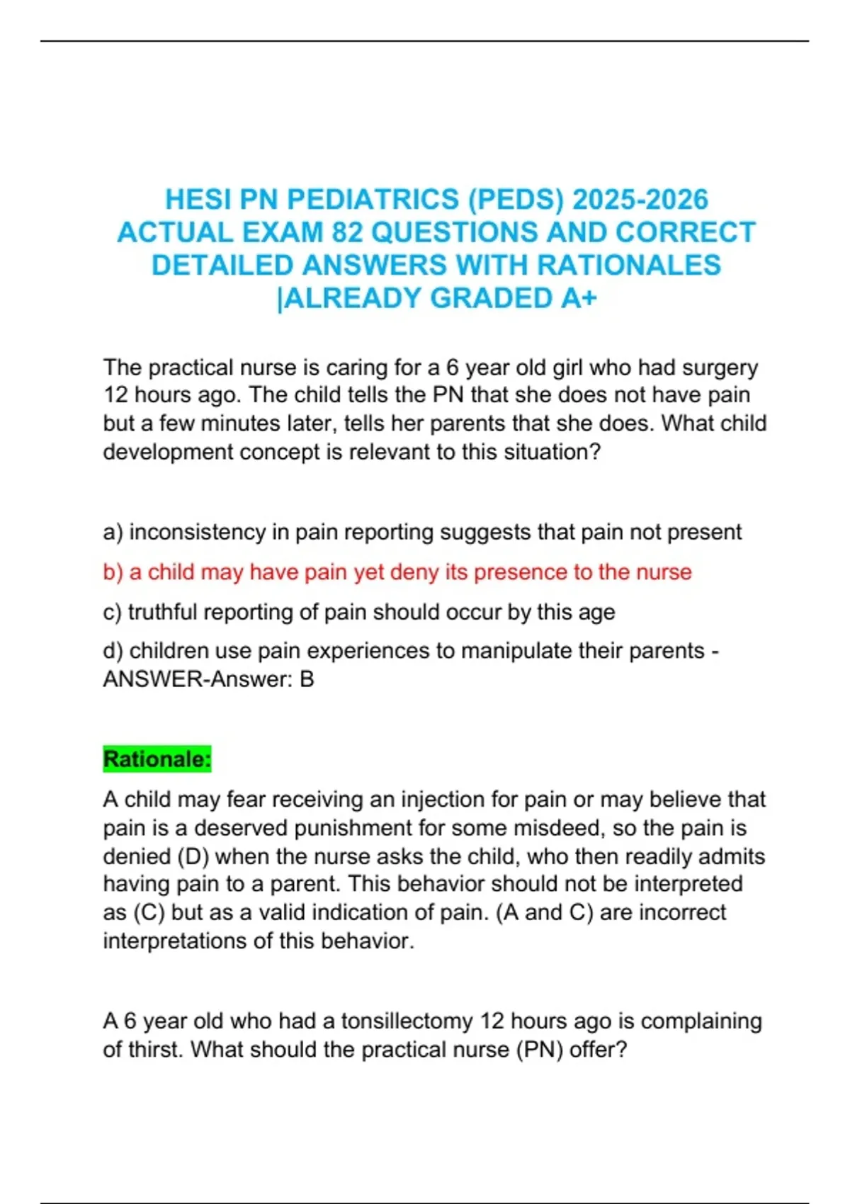HESI PN Pediatrics (Peds) 2025–2026 – Actual Exam with 82 Questions and ...