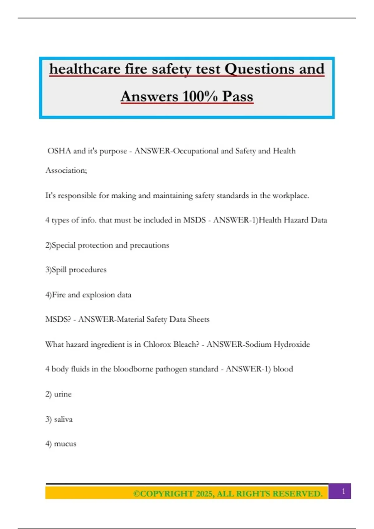 healthcare fire safety test Questions and Answers 100% Pass - Fire ...