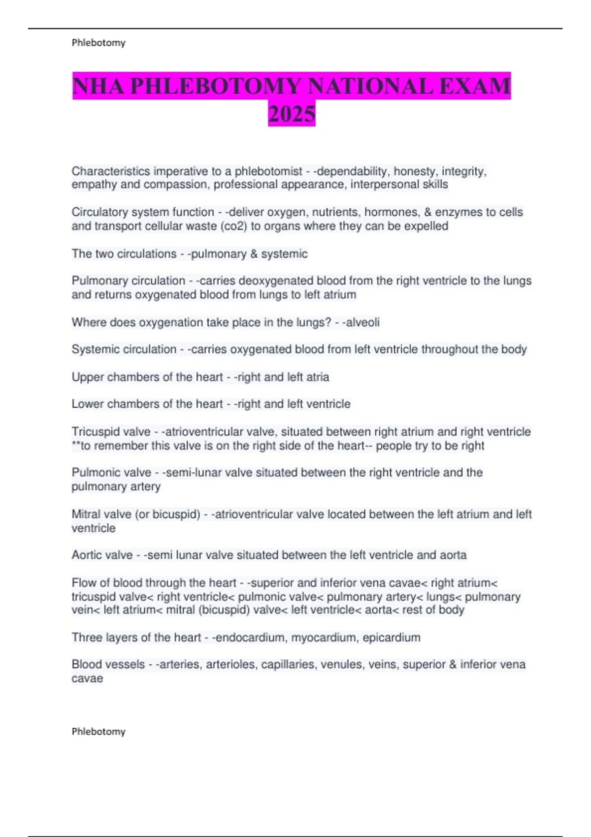 NHA PHLEBOTOMY COMPLETE EXAM 2025 - Nha phlebotomy - Stuvia US