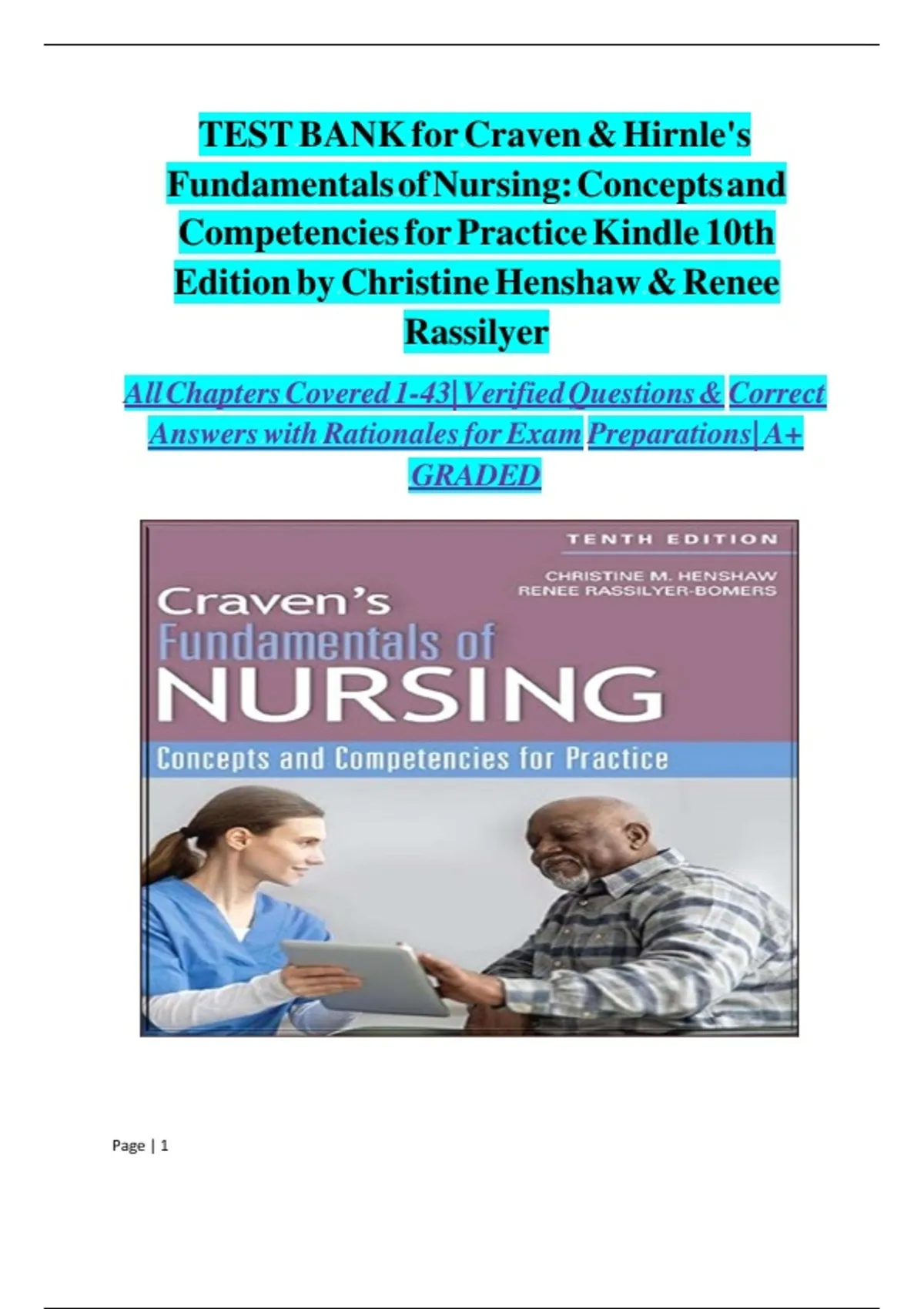 TEST BANK For Craven & Hirnle's Fundamentals of Nursing: Concepts and ...