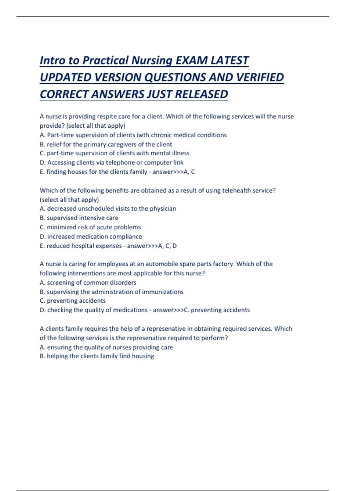 Intro to Practical Nursing EXAM LATEST UPDATED VERSION QUESTIONS AND ...
