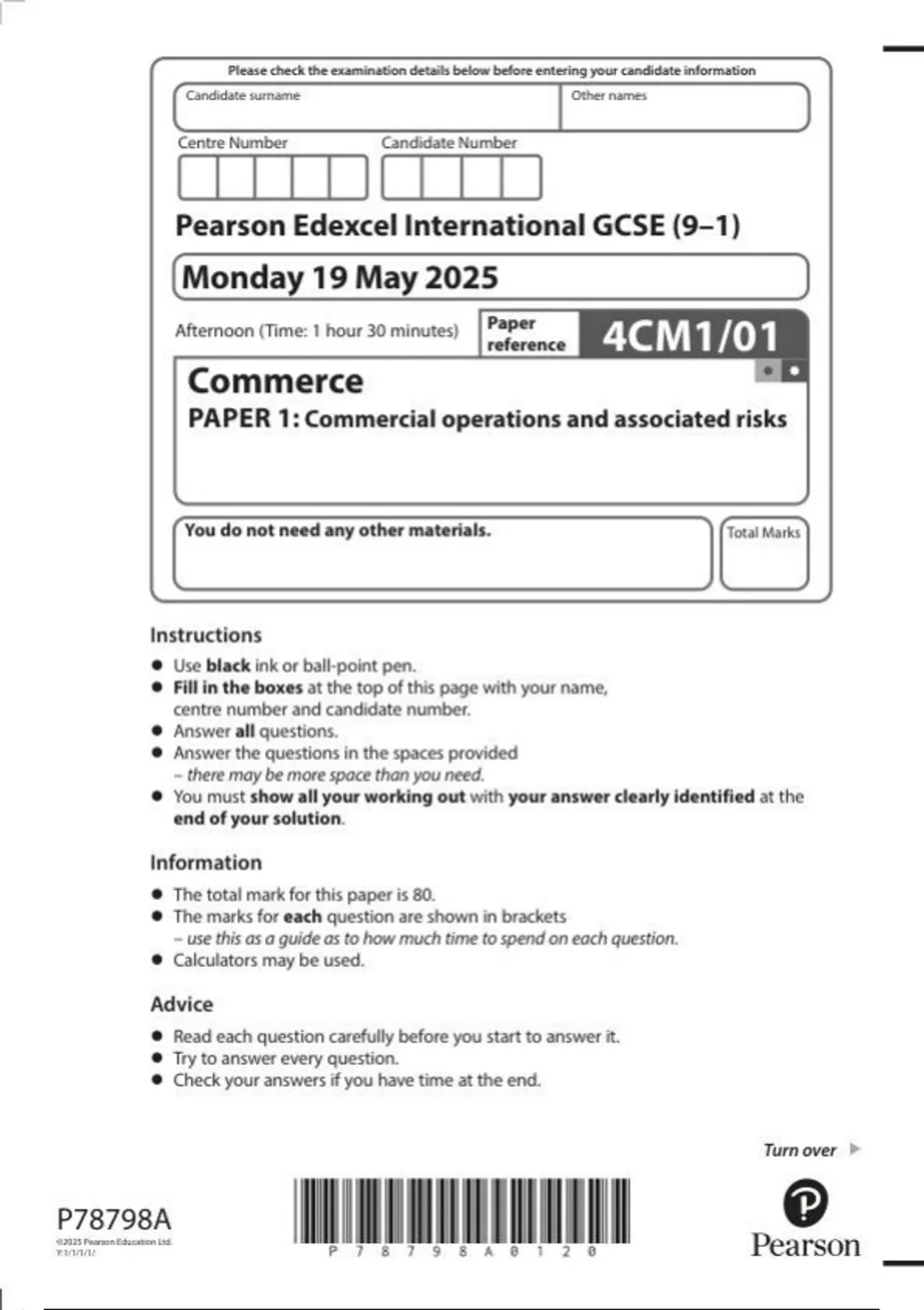 Pearson Edexcel Igcse COMMERCE paper 1 (4CM1) Actual QUESTION PAPER ...