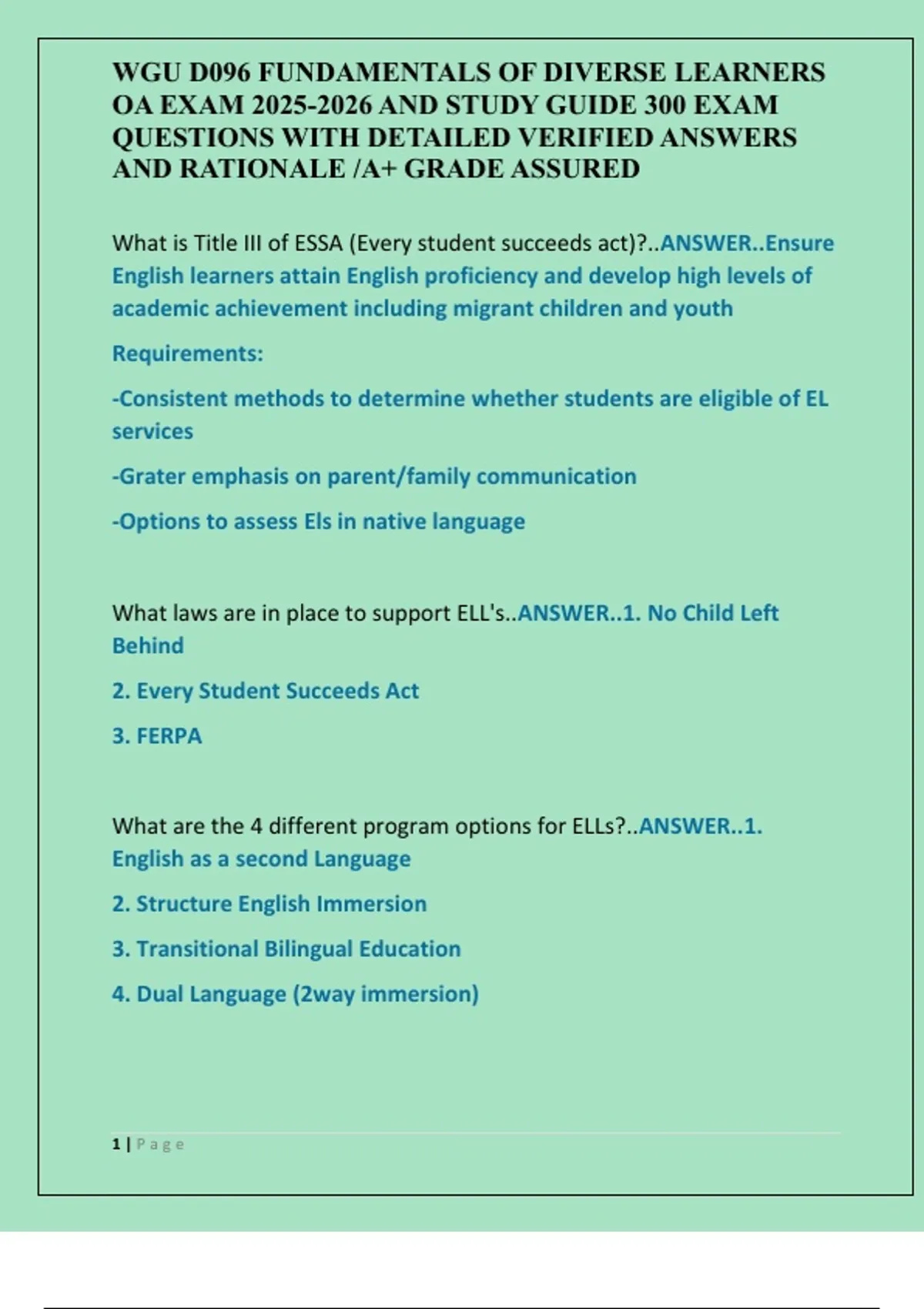 WGU D096 FUNDAMENTALS OF DIVERSE LEARNERS OA EXAM AND STUDY GUIDE 300 ...