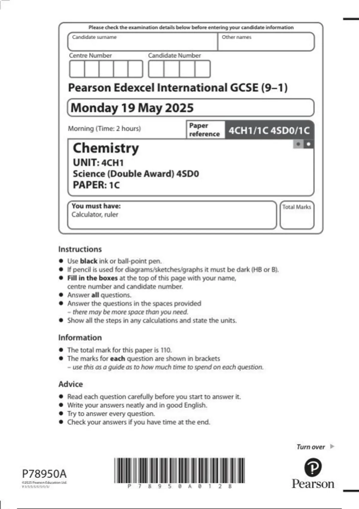 Pearson Edexcel Igcse CHEMISTRY paper 1C (4CH1) Actual Question paper JUNE 2025 - 4CH1 - Stuvia UK
