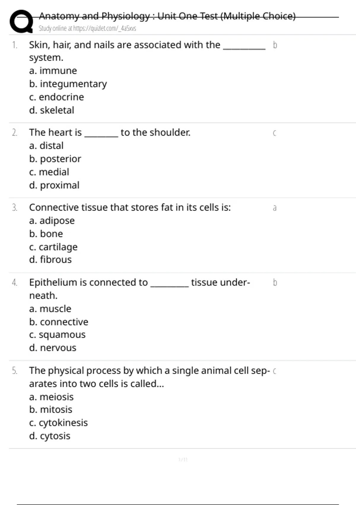 Anatomy and Physiology : Unit One Test (Multiple Choice) - Human ...