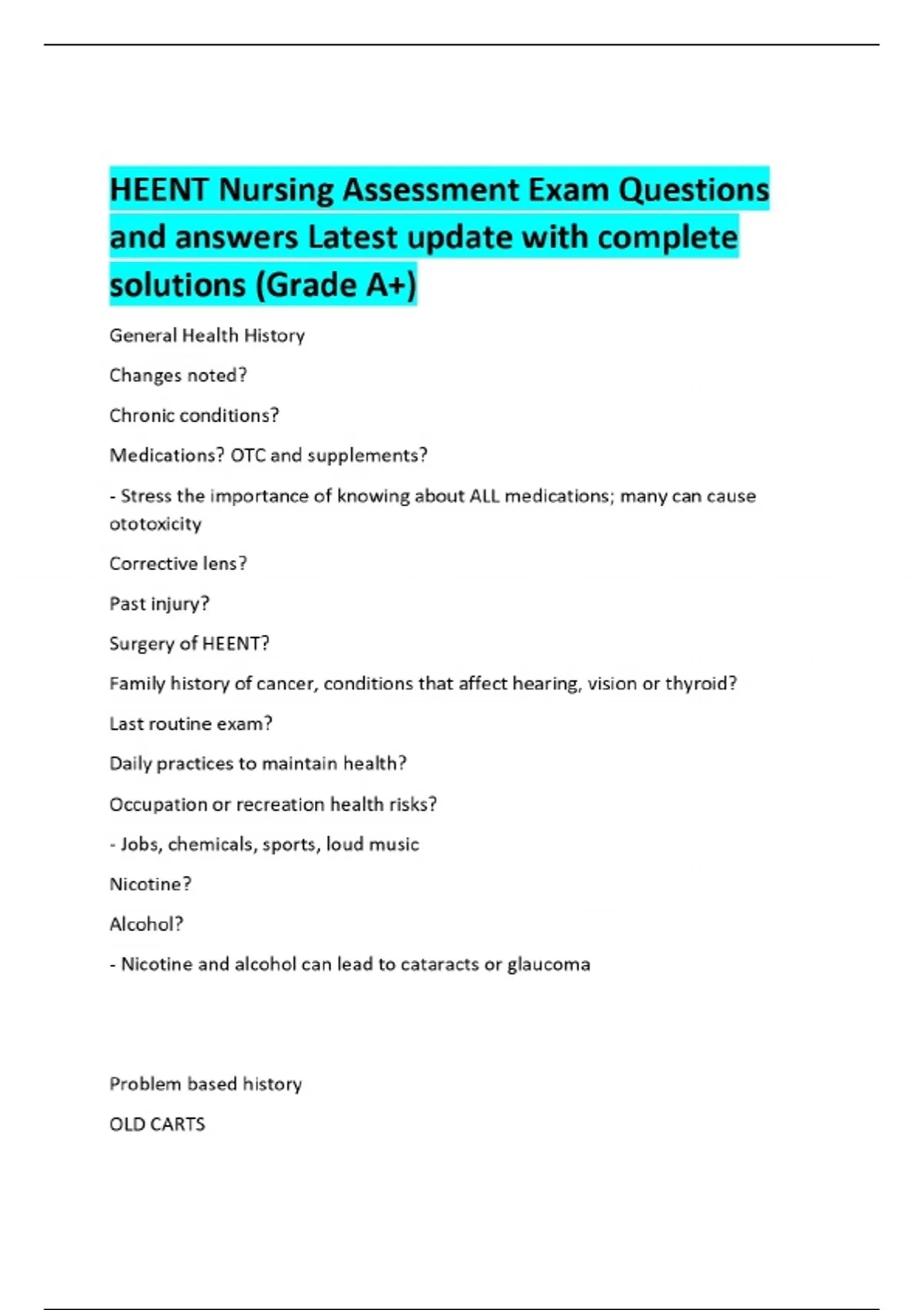 HEENT Nursing Assessment Exam Questions and answers Latest update with ...