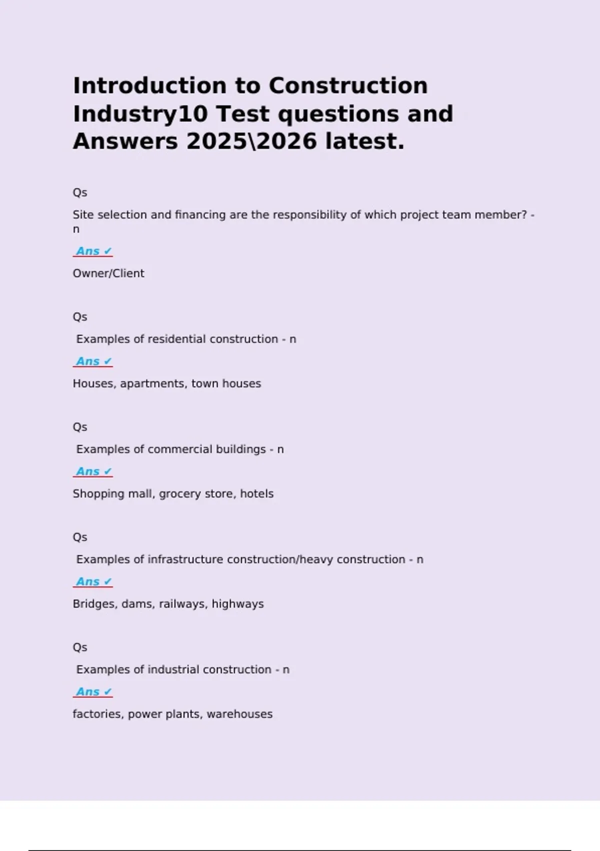 Introduction to Construction Industry10 Test questions and Answers ...