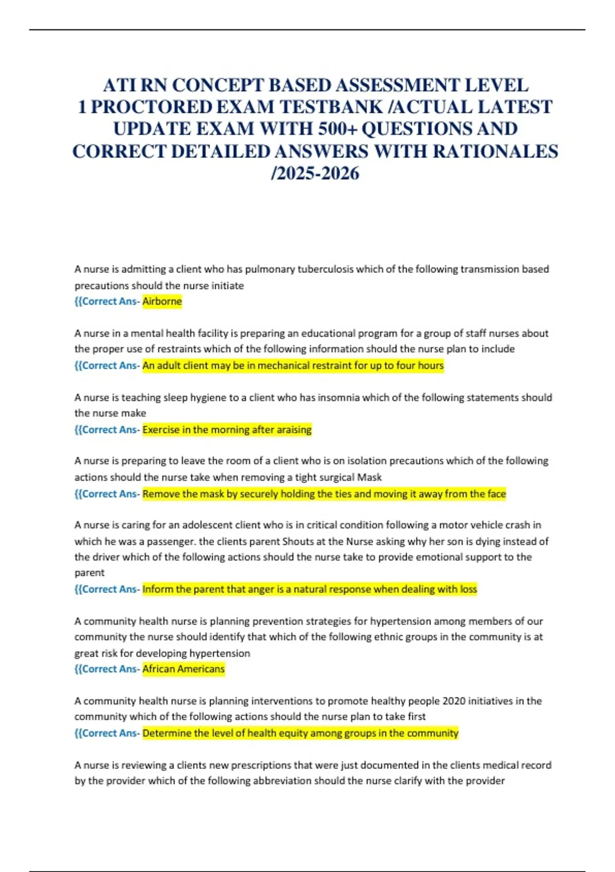 ATI RN Concept-Based Assessment Level 1 Proctored Exam | Latest Test ...