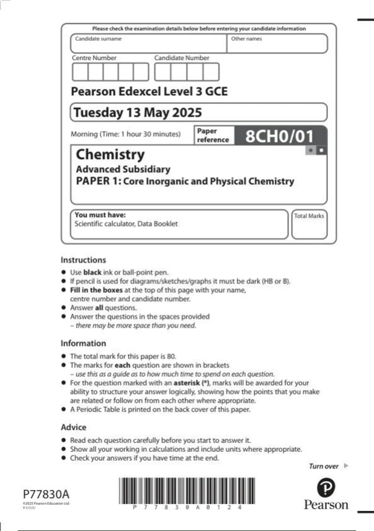 EDEXCEL chemistry 8ch0-01 paper 1: core inorganic and physical ...