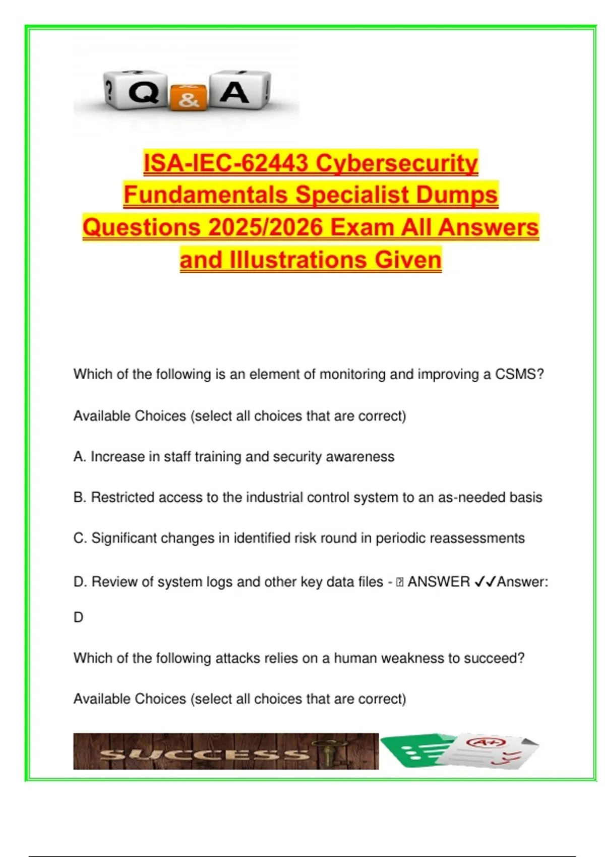 ISA/IEC 62443 Cybersecurity Fundamentals Specialist Exam Dumps 2025/ ...