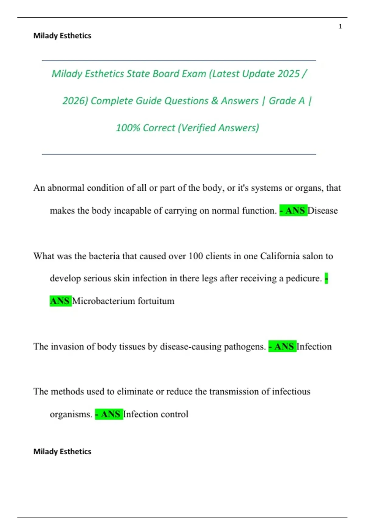 Milady Esthetics State Board Exam (Latest Update 2025 / 2026) Complete ...
