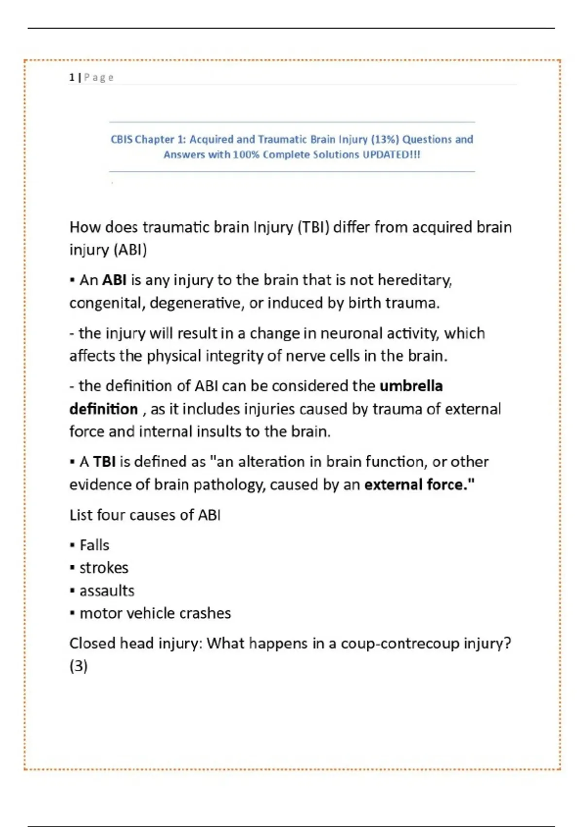 CBIS Chapter 1 Acquired and Traumatic Brain Injury (13%) Questions and ...