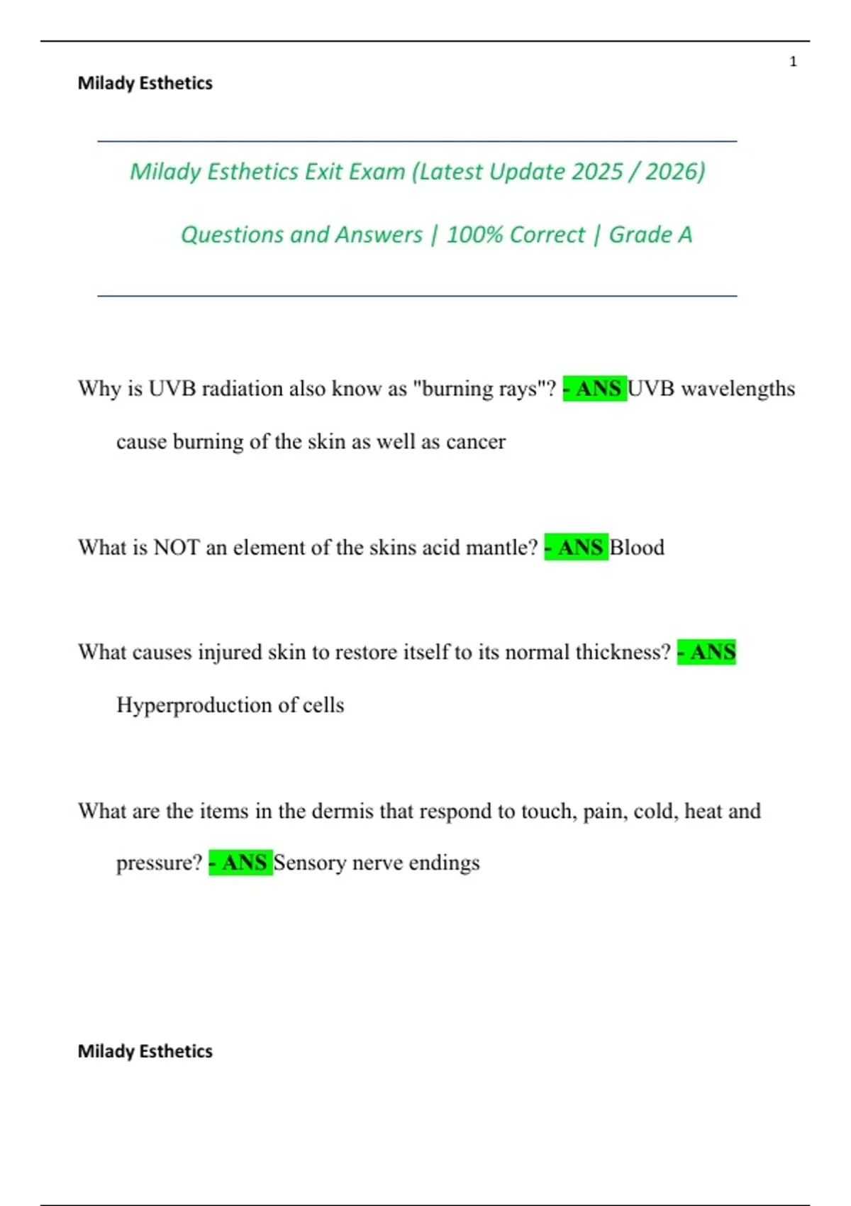 Milady Esthetics Exit Exam (Latest Update 2025 / 2026) Questions and ...
