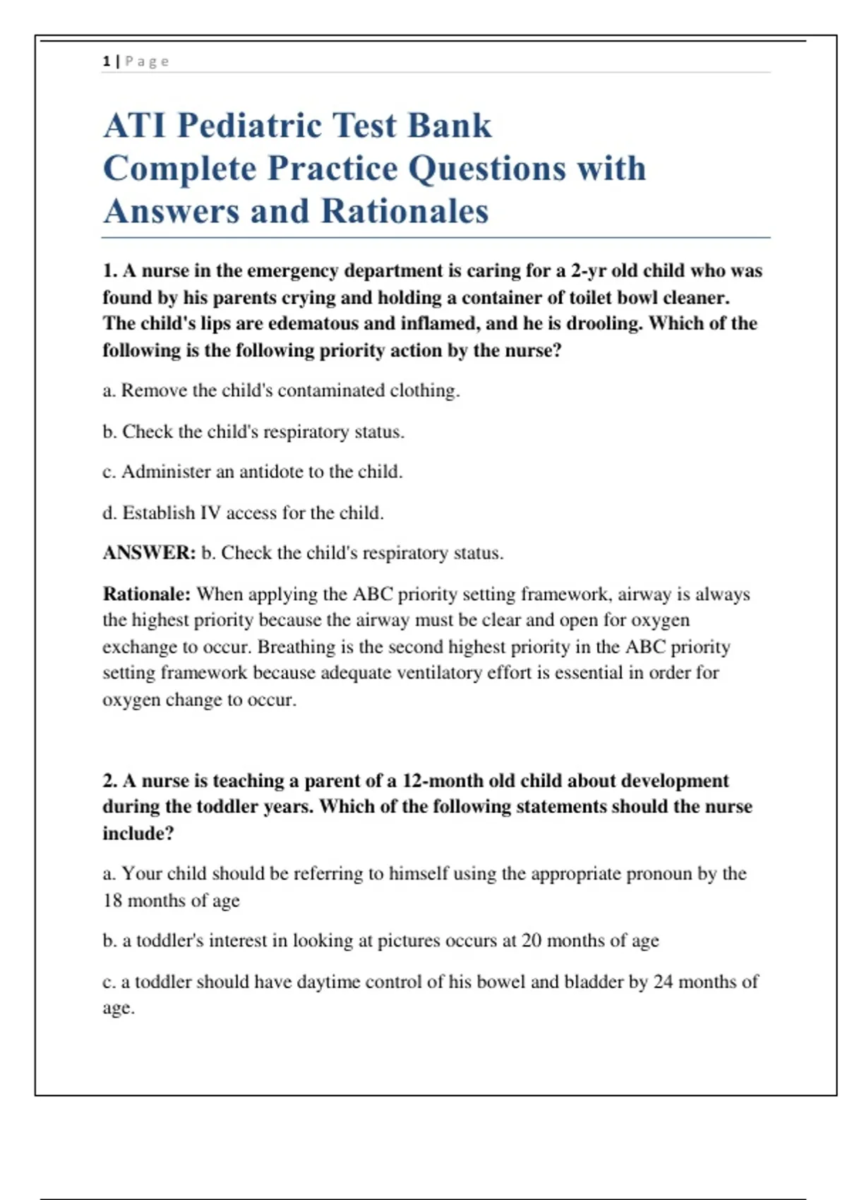 ATI Pediatric Test Bank – Complete Practice Questions with Answers and ...