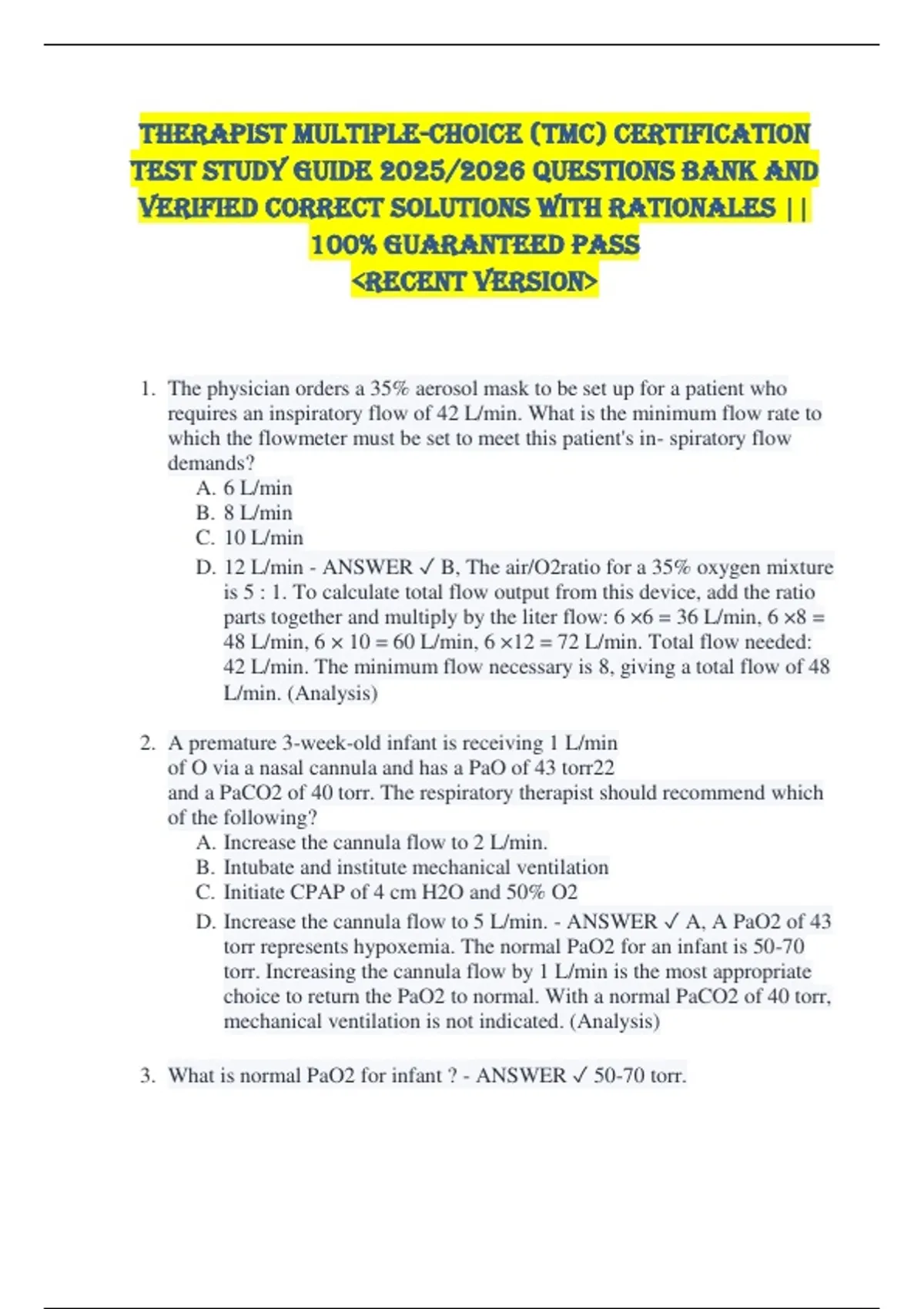 Therapist Multiple-Choice (TMC) CERTIFICATION TEST STUDY GUIDE 2025/ ...
