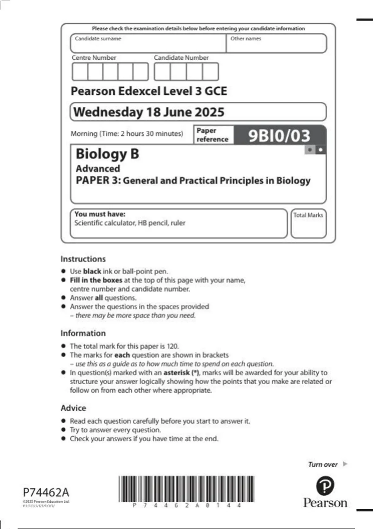 EDEXCEL biology b 9bi0-03 paper 3: general and practical principles in ...