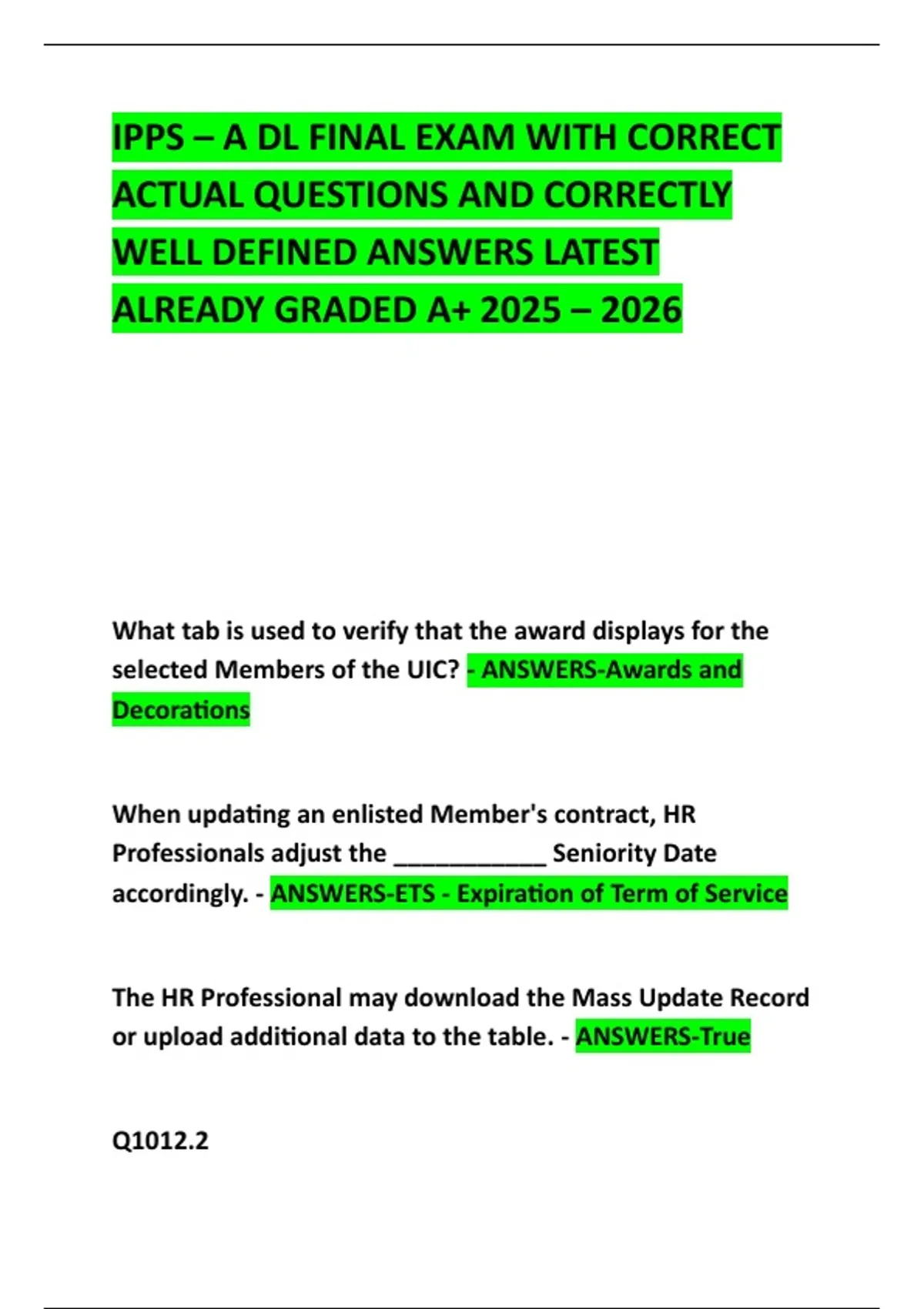 IPPS – A DL FINAL EXAM WITH CORRECT ACTUAL QUESTIONS AND CORRECTLY WELL ...