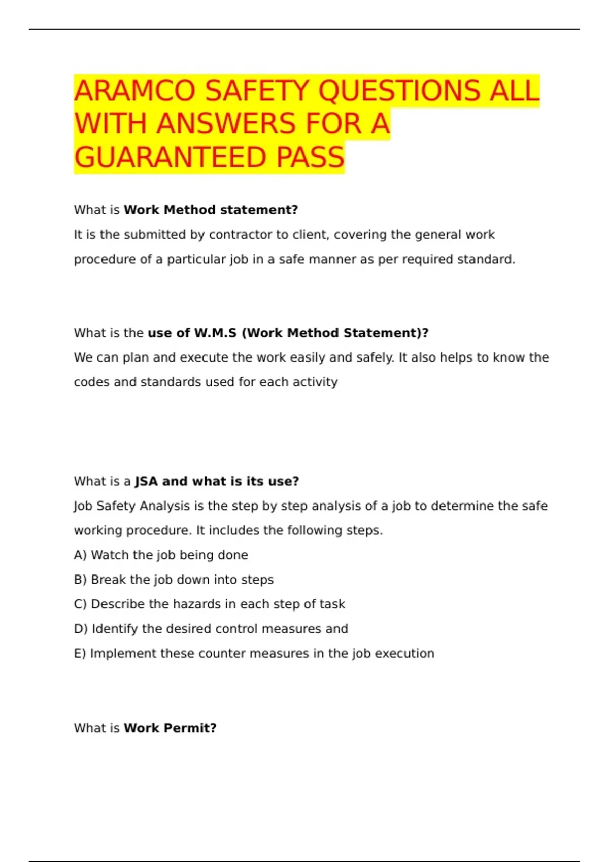 ARAMCO SAFETY QUESTIONS ALL WITH ANSWERS FOR A GUARANTEED PASS - ARAMCO ...