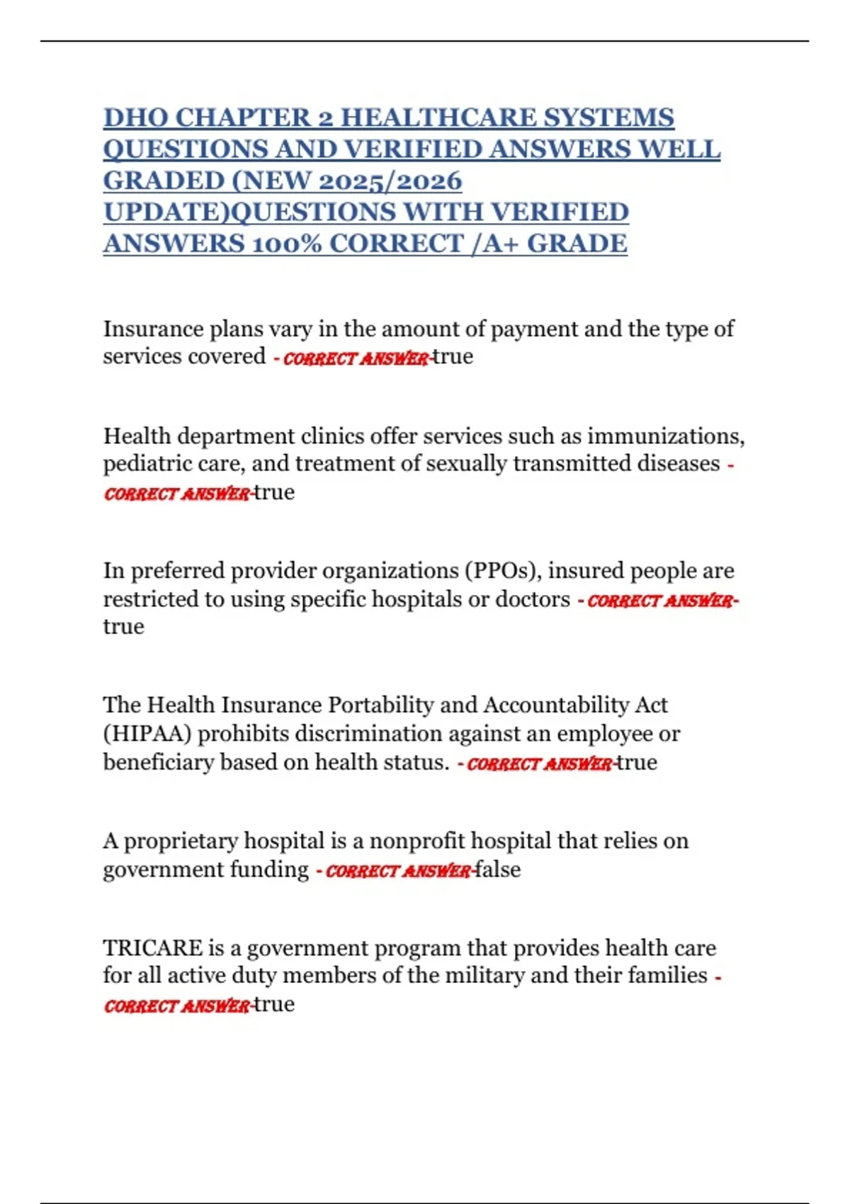 DHO CHAPTER 2 HEALTHCARE SYSTEMS QUESTIONS AND VERIFIED ANSWERS WELL ...