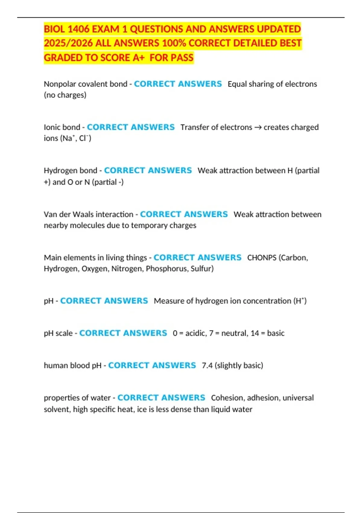 BIOL 1406 EXAM 1 QUESTIONS AND ANSWERS UPDATED 2025/2026 ALL ANSWERS ...