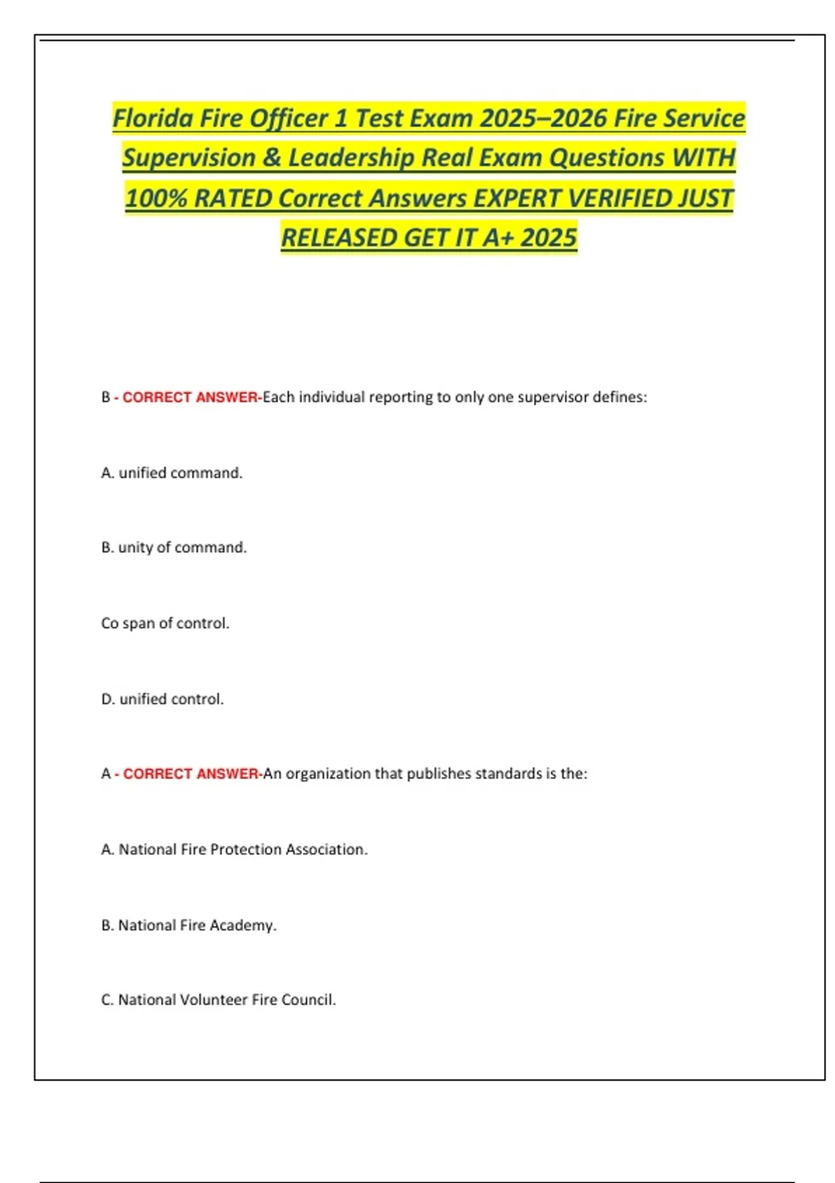 Florida Fire Officer 1 Test Exam 2025–2026 Fire Service Supervision ...