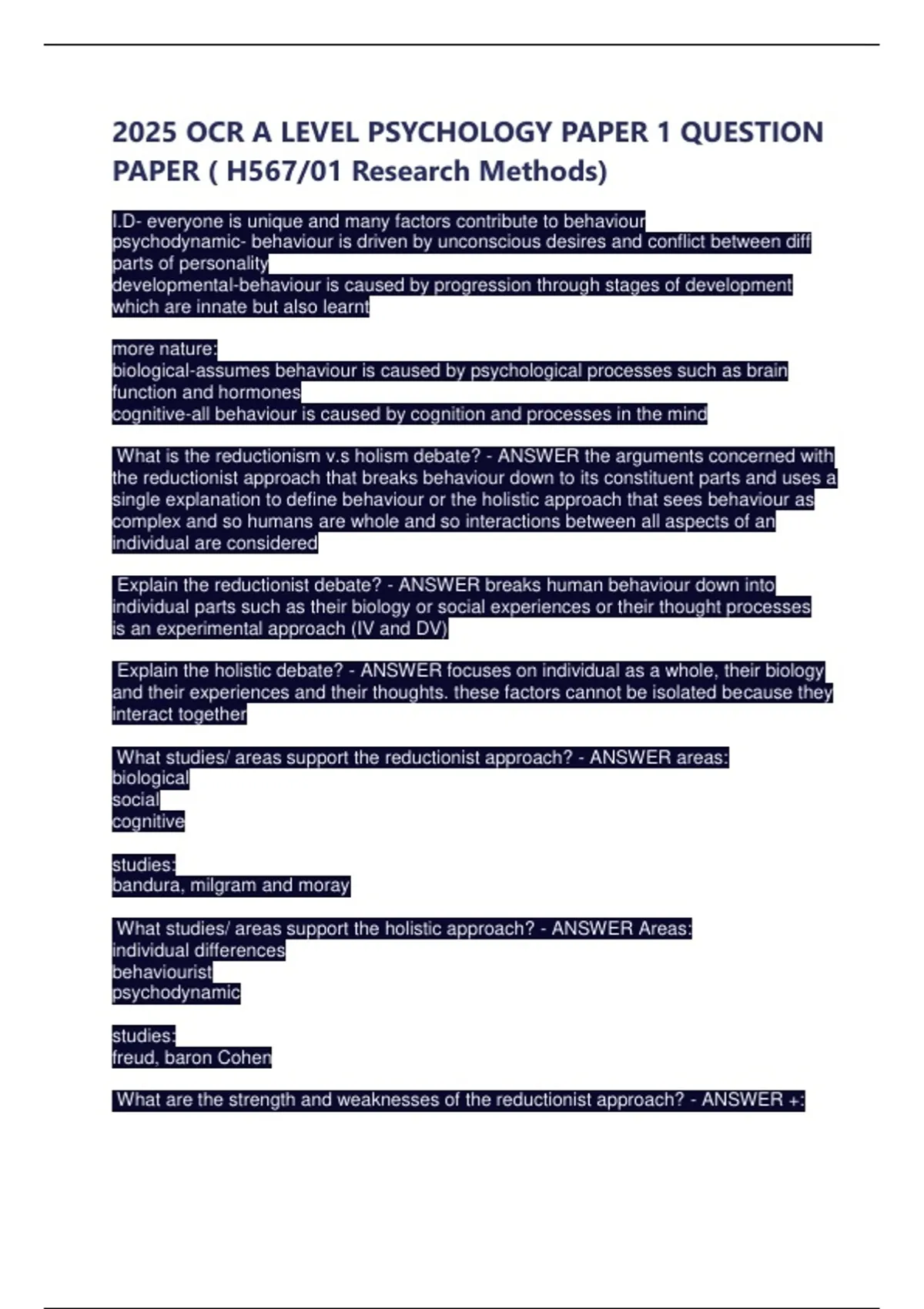 2025 OCR A LEVEL PSYCHOLOGY PAPER 1 QUESTION PAPER ( H567/01 Research Methods) - 2025 OCR ...