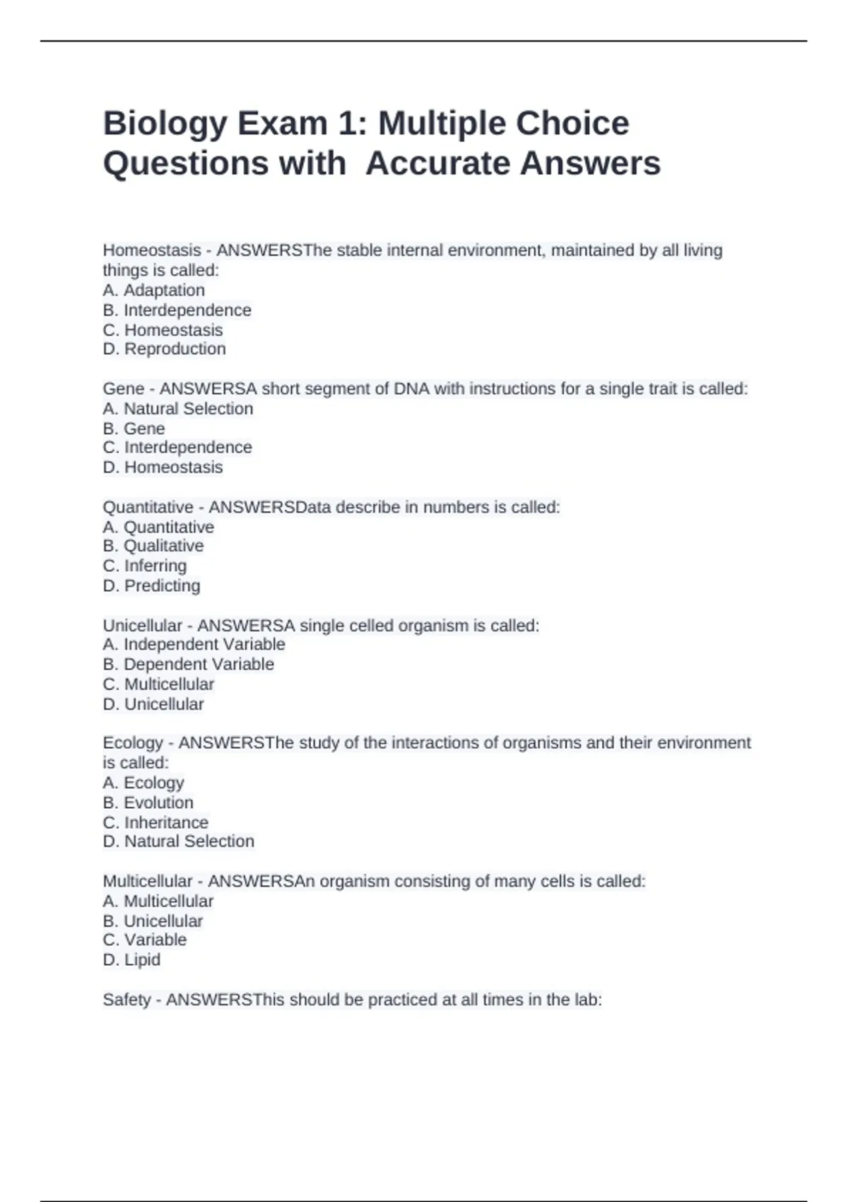 Biology Exam 1: Multiple Choice Questions with Accurate Answers ...