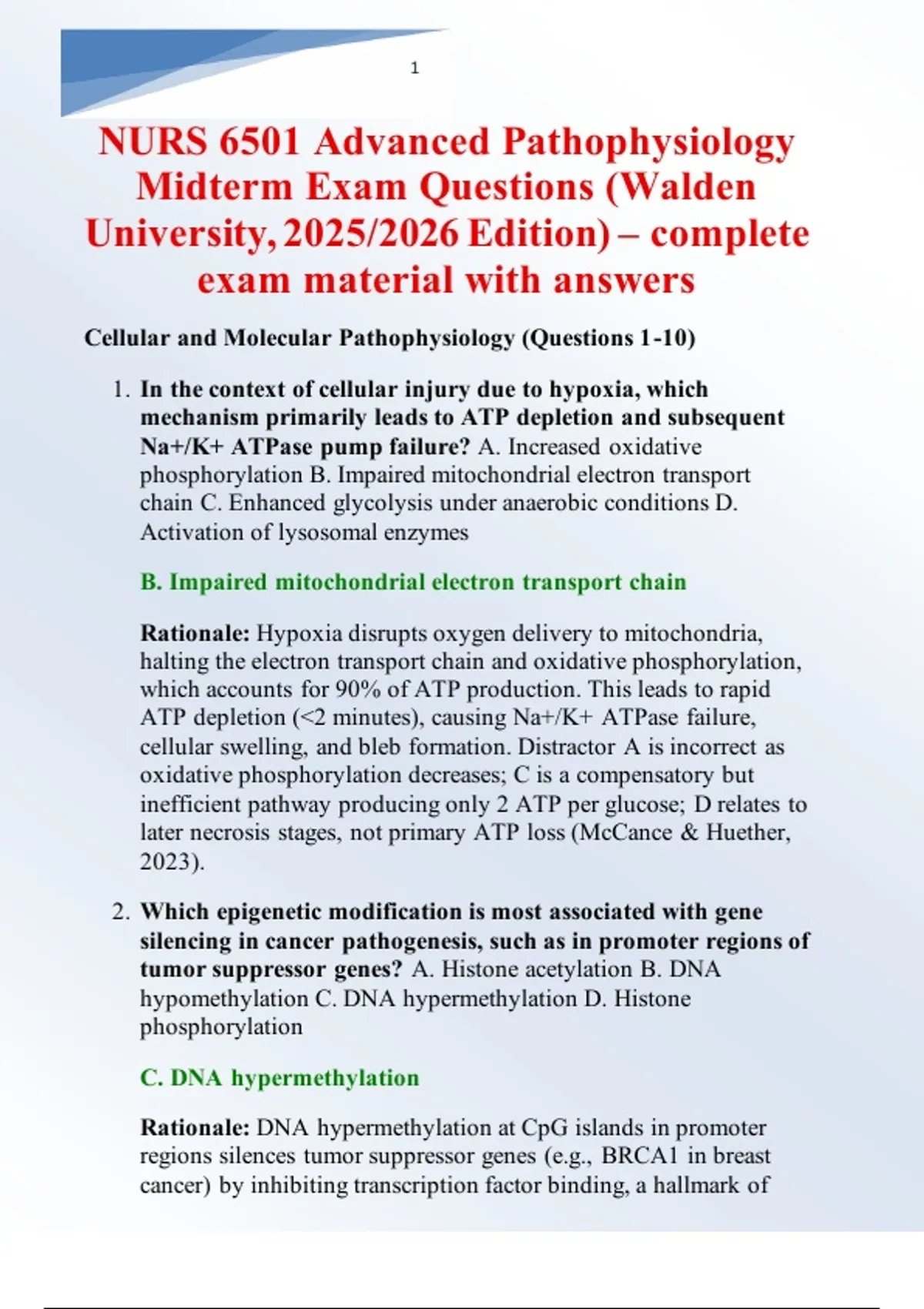 NURS 6501 Advanced Pathophysiology Midterm Exam Questions (Walden University, 2025/2026 Edition ...