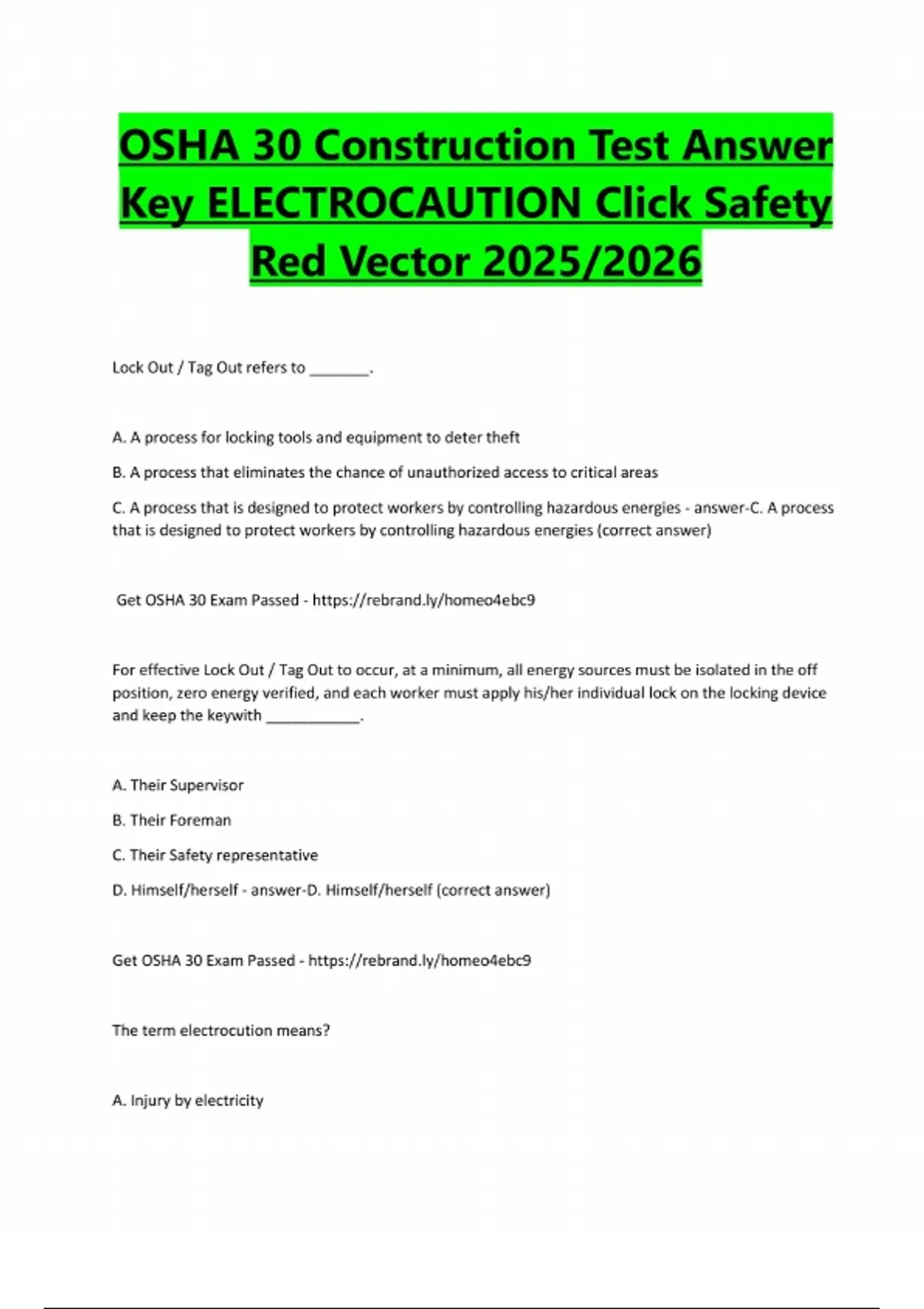 OSHA 30 Construction Test Answer Key ELECTROCAUTION Click Safety Red ...