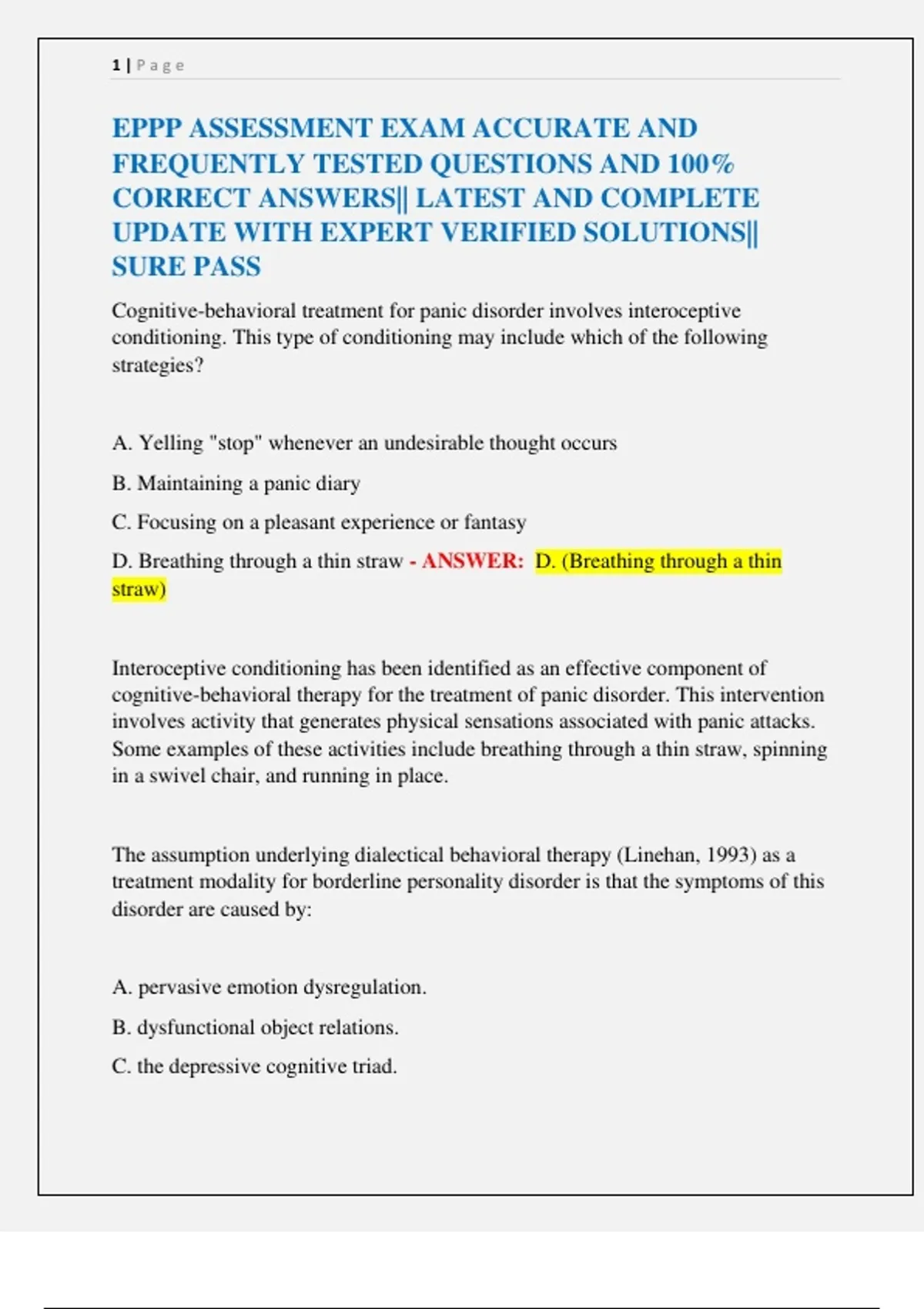 EPPP ASSESSMENT EXAM ACCURATE AND FREQUENTLY TESTED QUESTIONS AND 100% ...