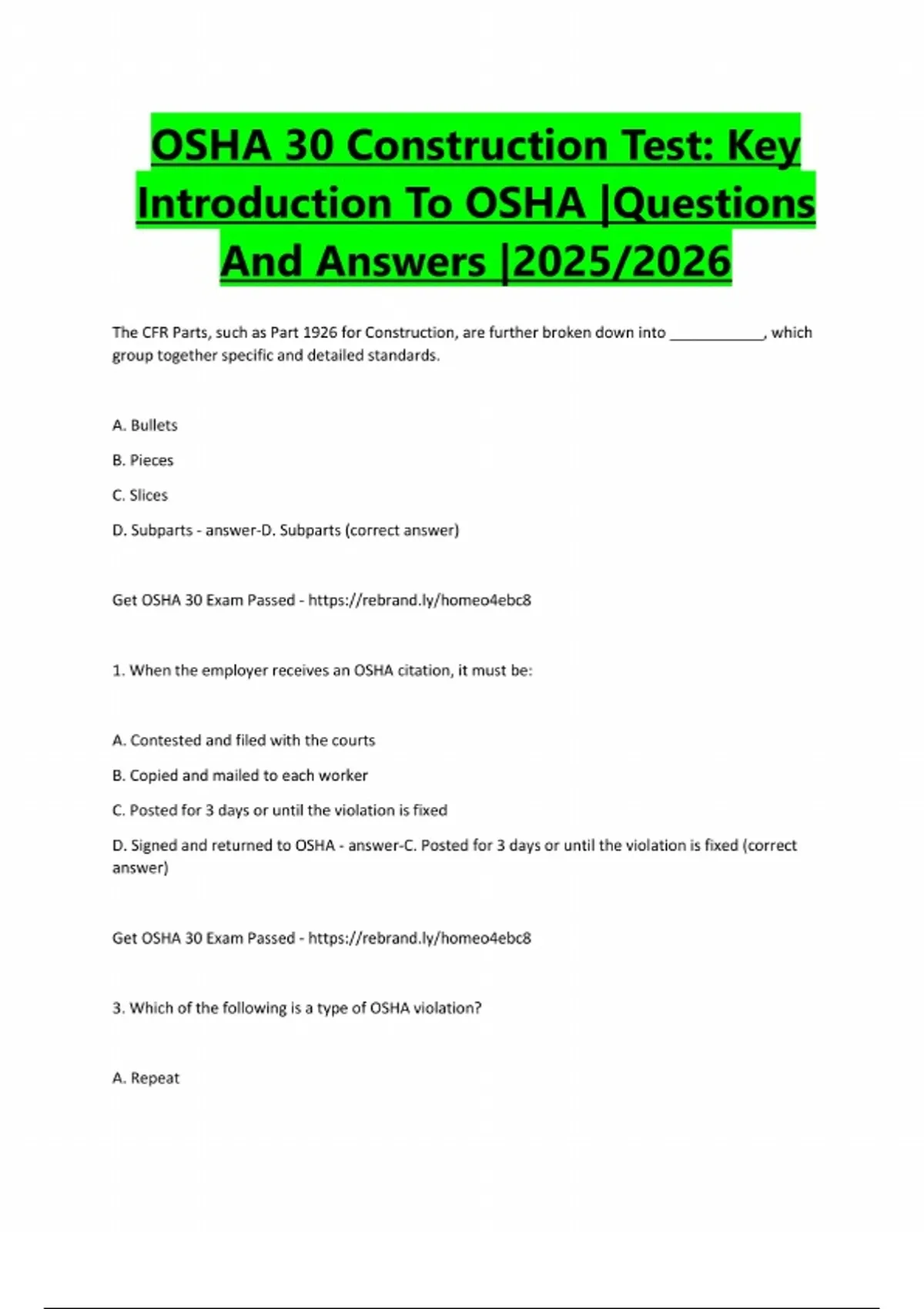 OSHA 30 Construction Test: Key Introduction To OSHA |Questions And ...