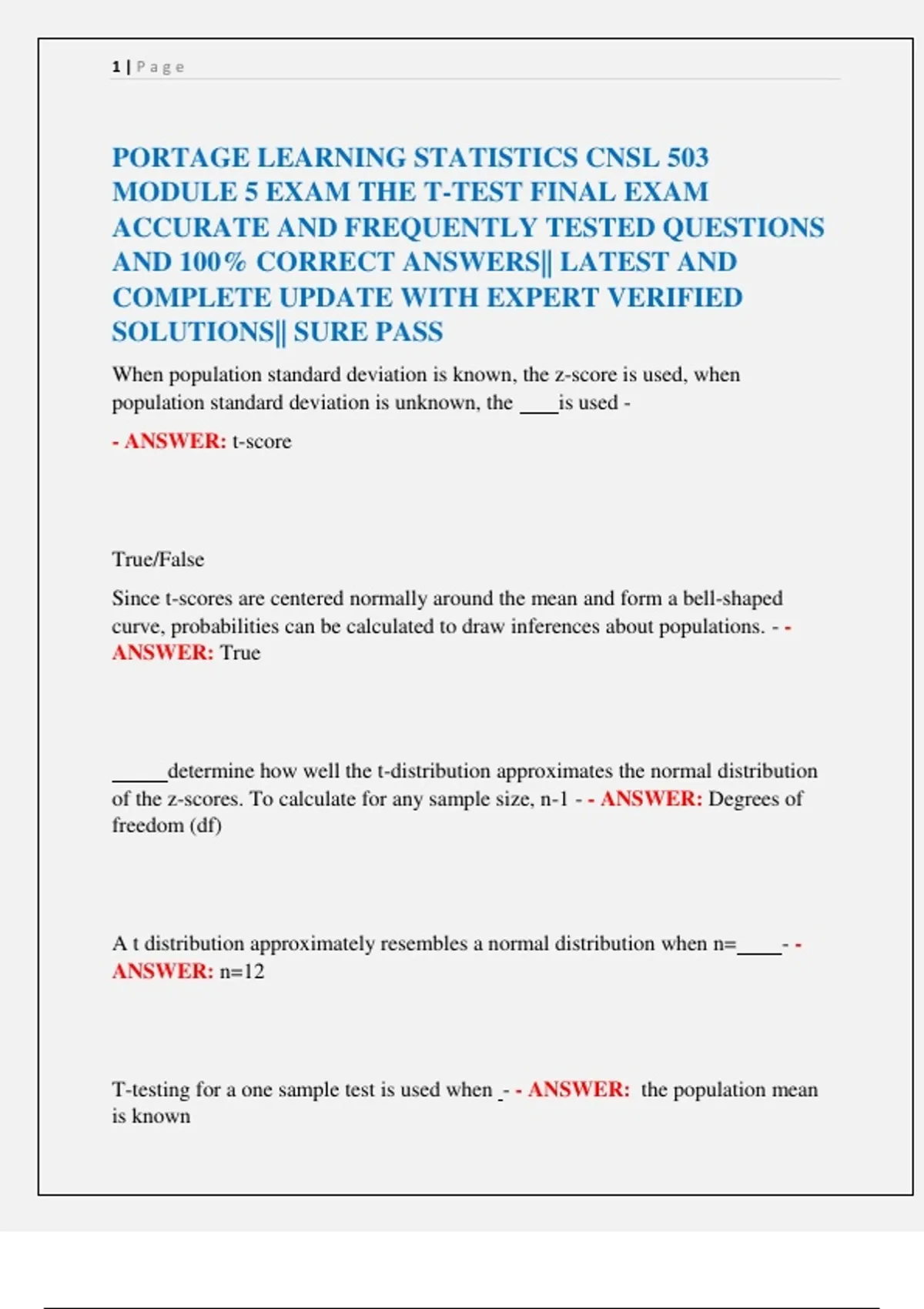 PORTAGE LEARNING STATISTICS CNSL 503 MODULE 5 EXAM THE T-TEST FINAL ...