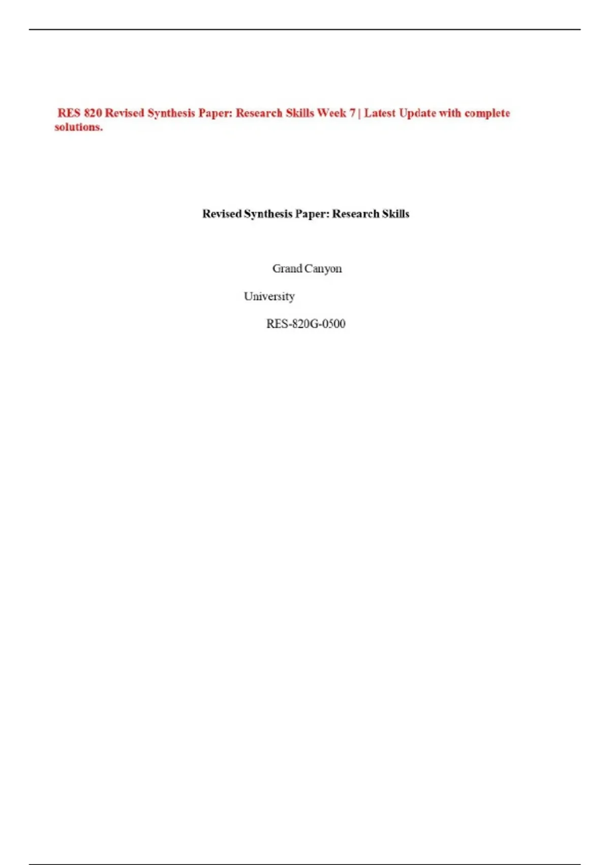 RES 820 Revised Synthesis Paper: Research Skills Week 7 | Latest Update ...