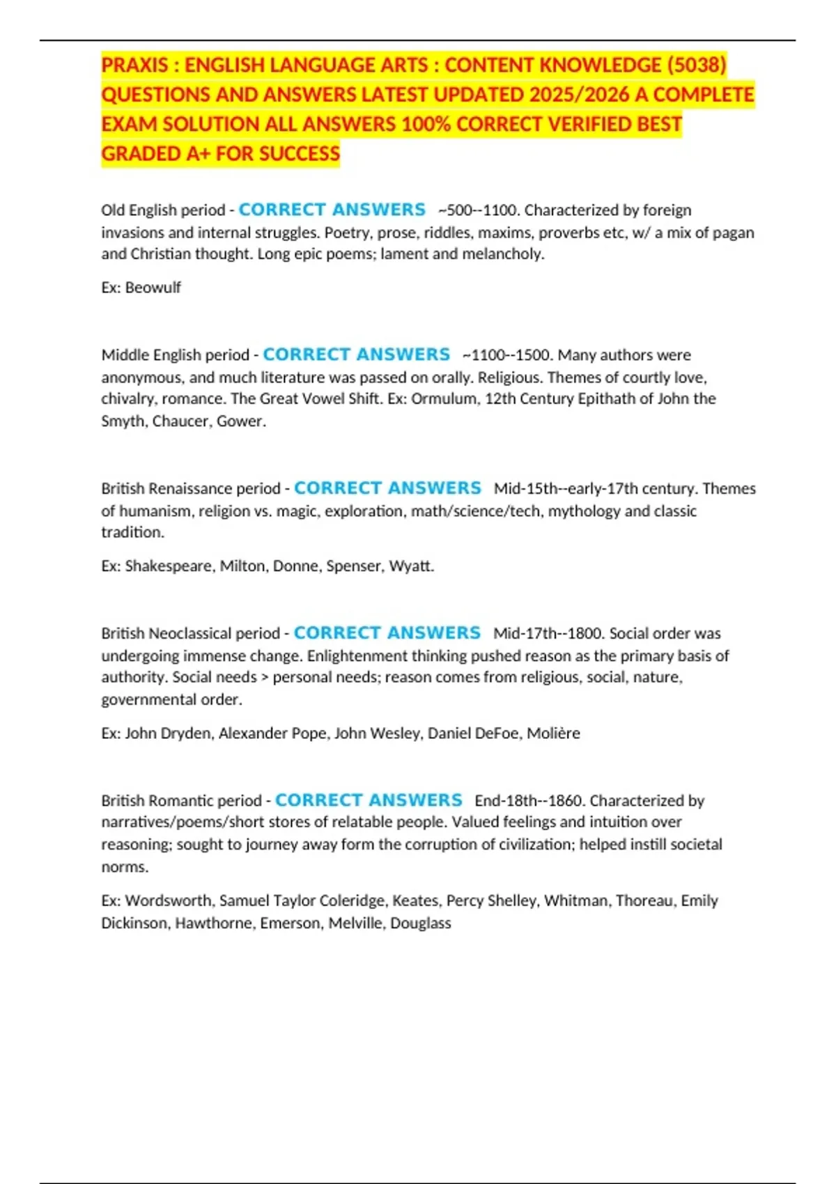 PRAXIS : ENGLISH LANGUAGE ARTS : CONTENT KNOWLEDGE (5038) QUESTIONS AND ...