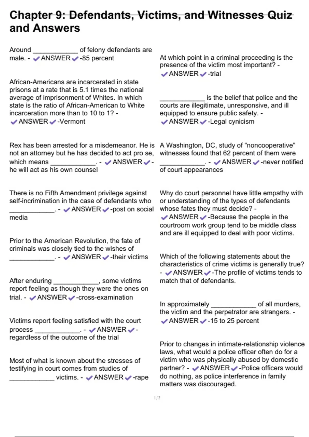 Chapter 9: Defendants, Victims, and Witnesses Quiz and Answers ...