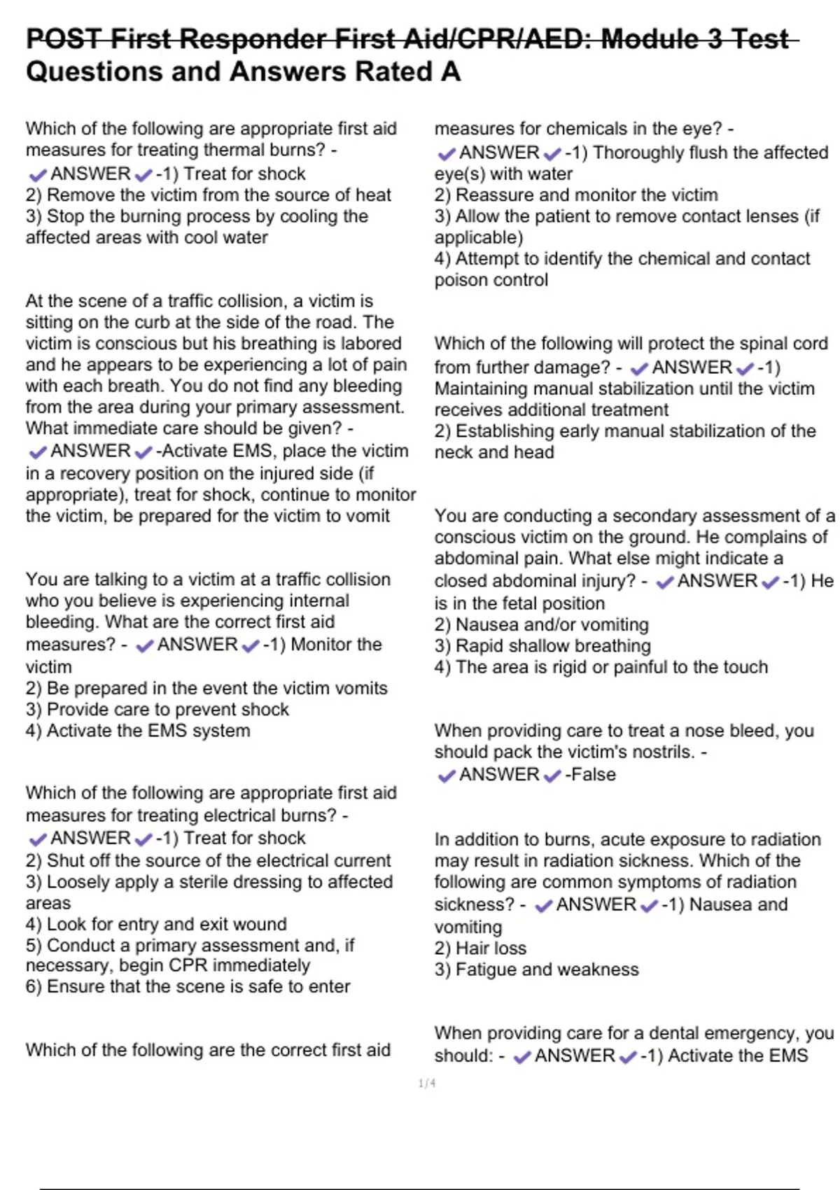 POST First Responder First Aid/CPR/AED: Module 3 Test Questions and ...
