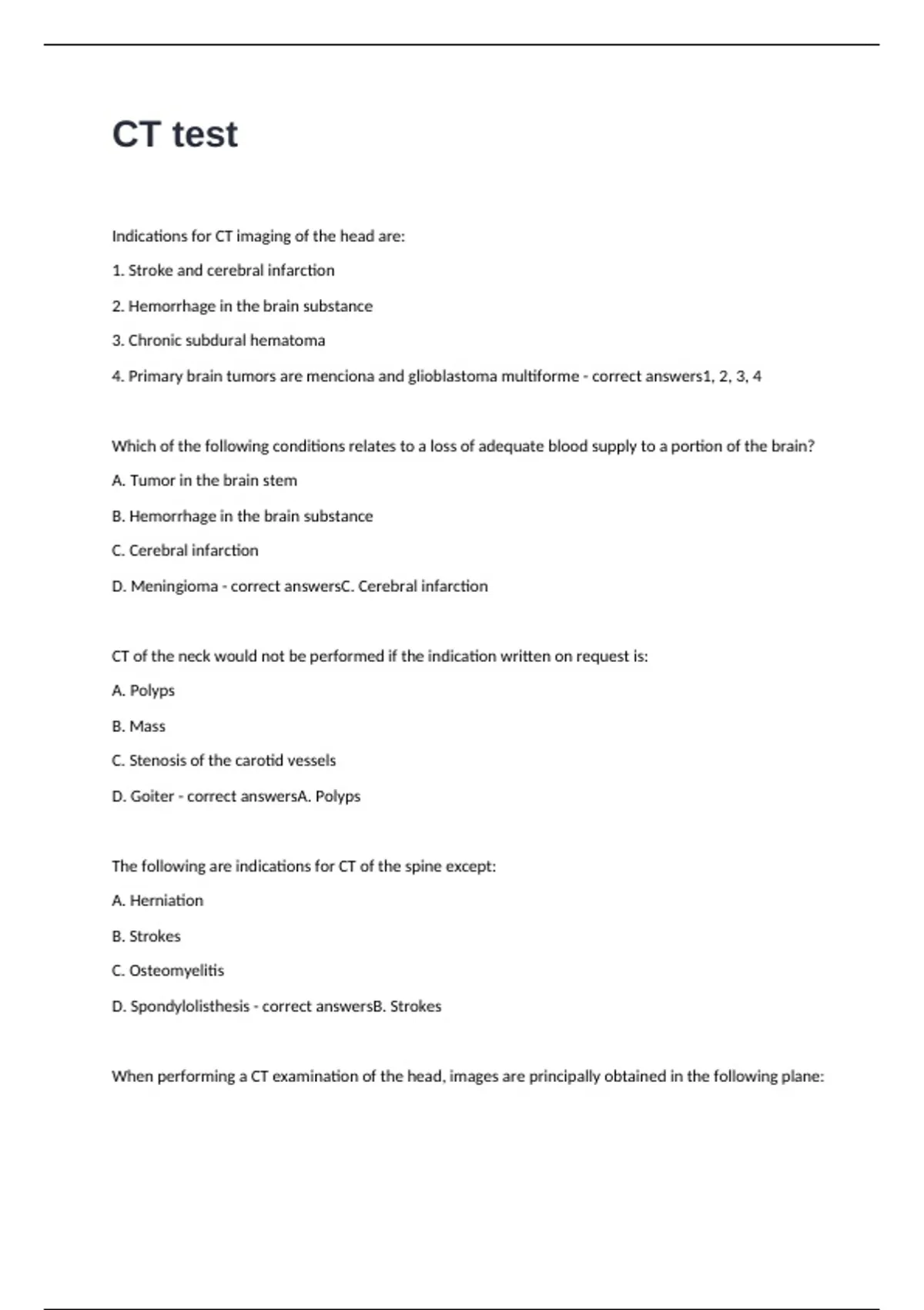 CT test questions with all complete and verified solutions. - IMAGING ...