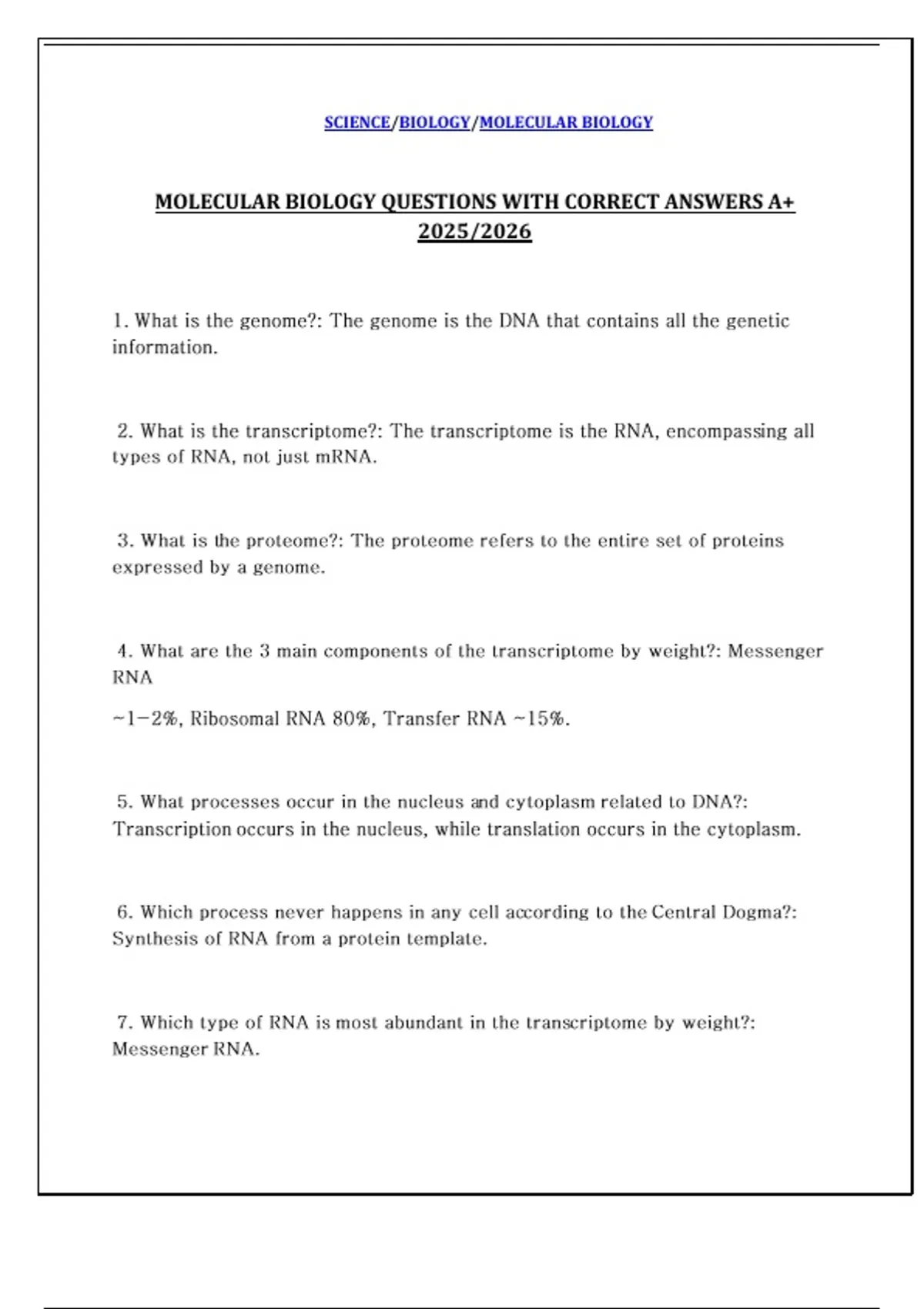 MOLECULAR BIOLOGY QUESTIONS WITH CORRECT ANSWERS A+ 2025/2026 ...