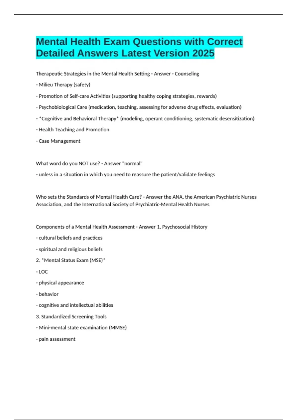Mental Health Exam Questions with Correct Detailed Answers Latest ...